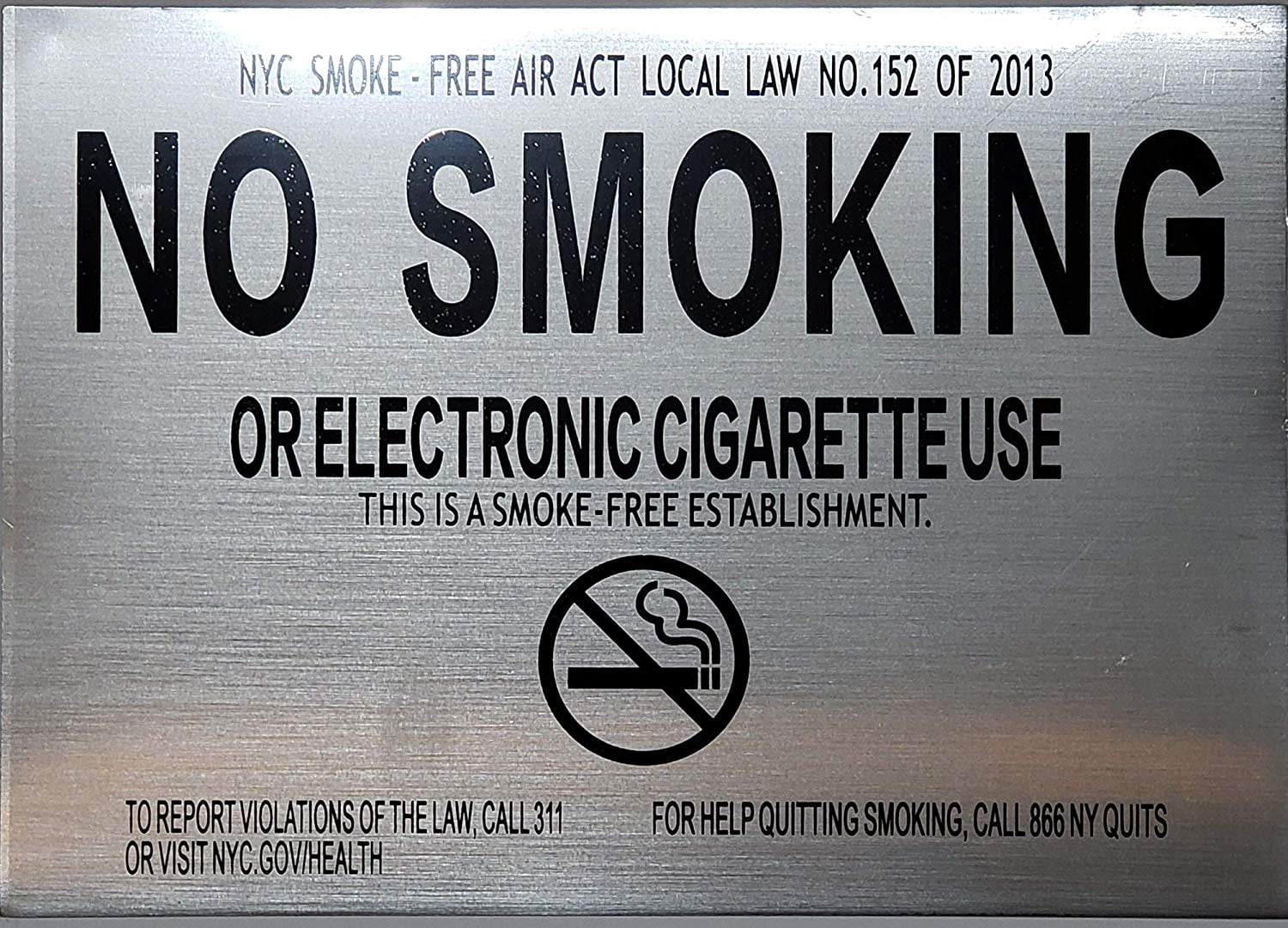NYC Smoke Free Act Sign"No Smoking or Electric Cigarette Use"-for ...
