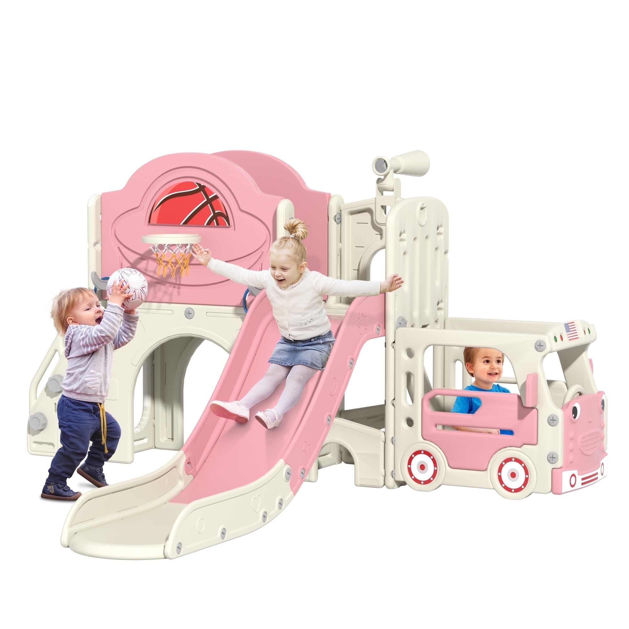NYEEKOY 9-In-1 Toddler Slide, Bus-Themed Kids Slide and Climber Playset ...