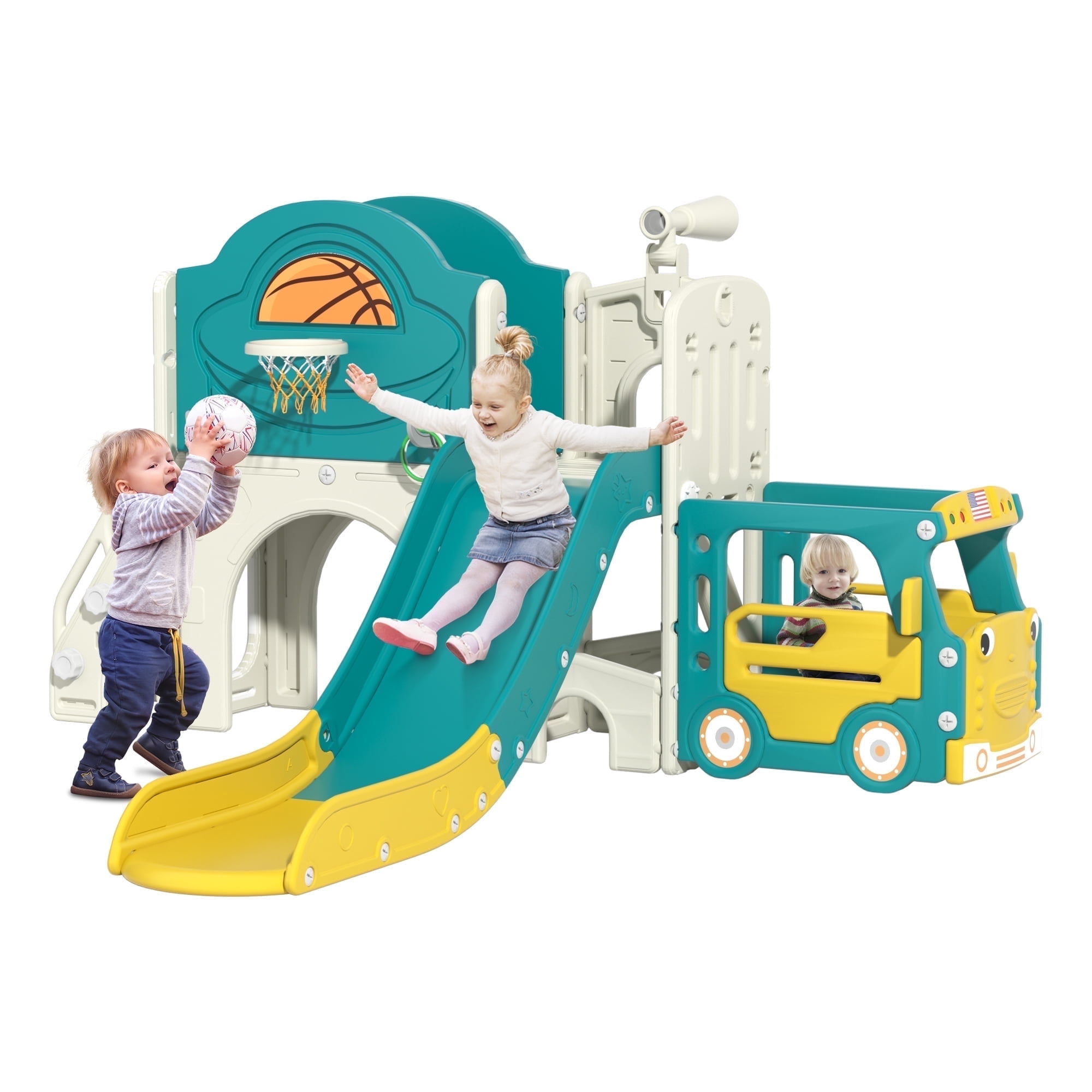 NYEEKOY 9-In-1 Toddler Slide, Bus-Themed Kids Slide and Climber Playset ...