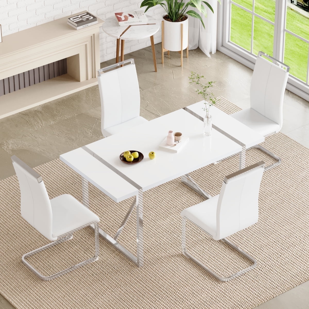 NYEESS 5-Piece 55" White Dining Table Set with 4 Chairs, High Gloss MDF ...