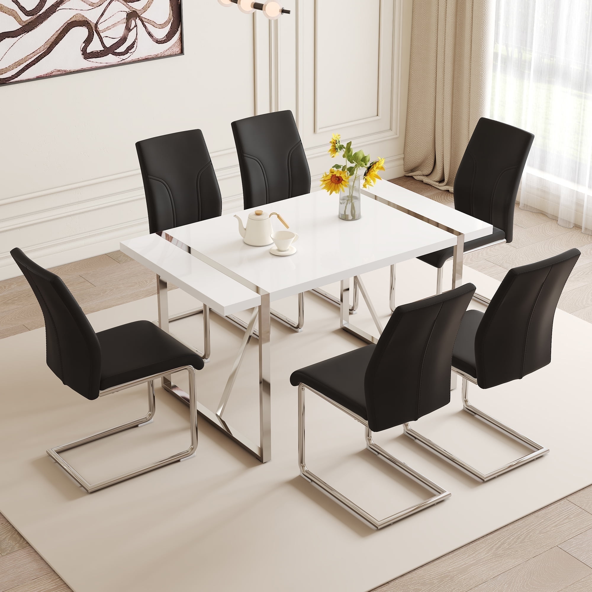 NYEESS 55 inch White MDF Dining Table Set with 6 Black PU Leather Chairs, Modern Kitchen ...