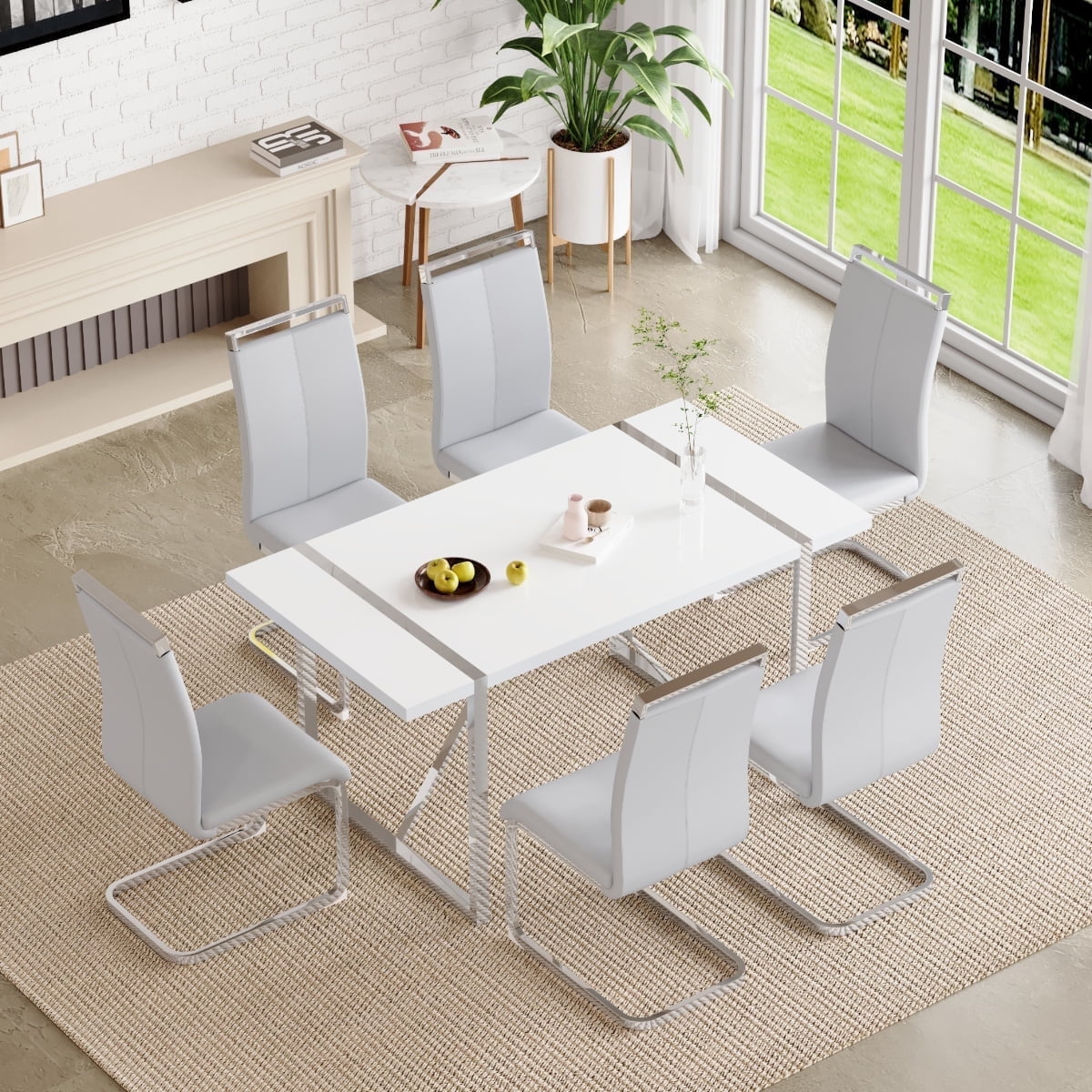 NYEESS 7-Piece 55" Dining Table Set with 6 Light Gray Chairs, High ...