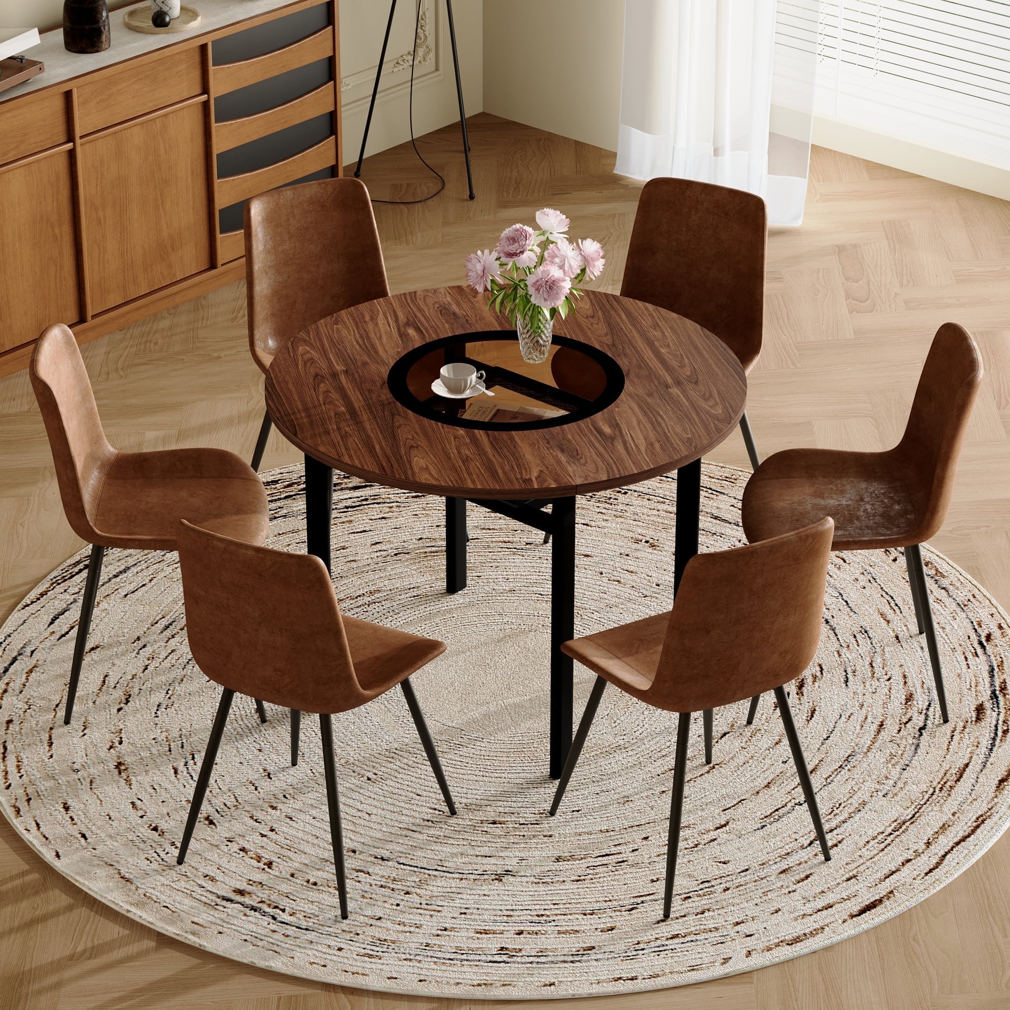 NYEESS 7-Piece Round Dining Table Set for 6, 42" Modern Wood Grain ...