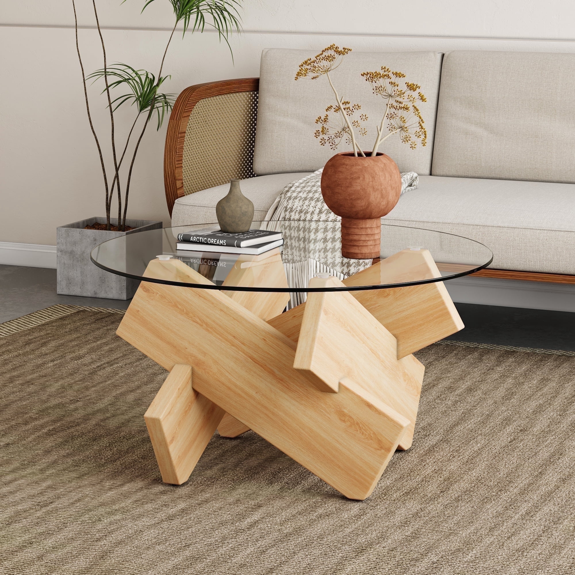 NYEESS 33.4" Inch Oak Round Tempered Glass Coffee Table with MDF Legs ...