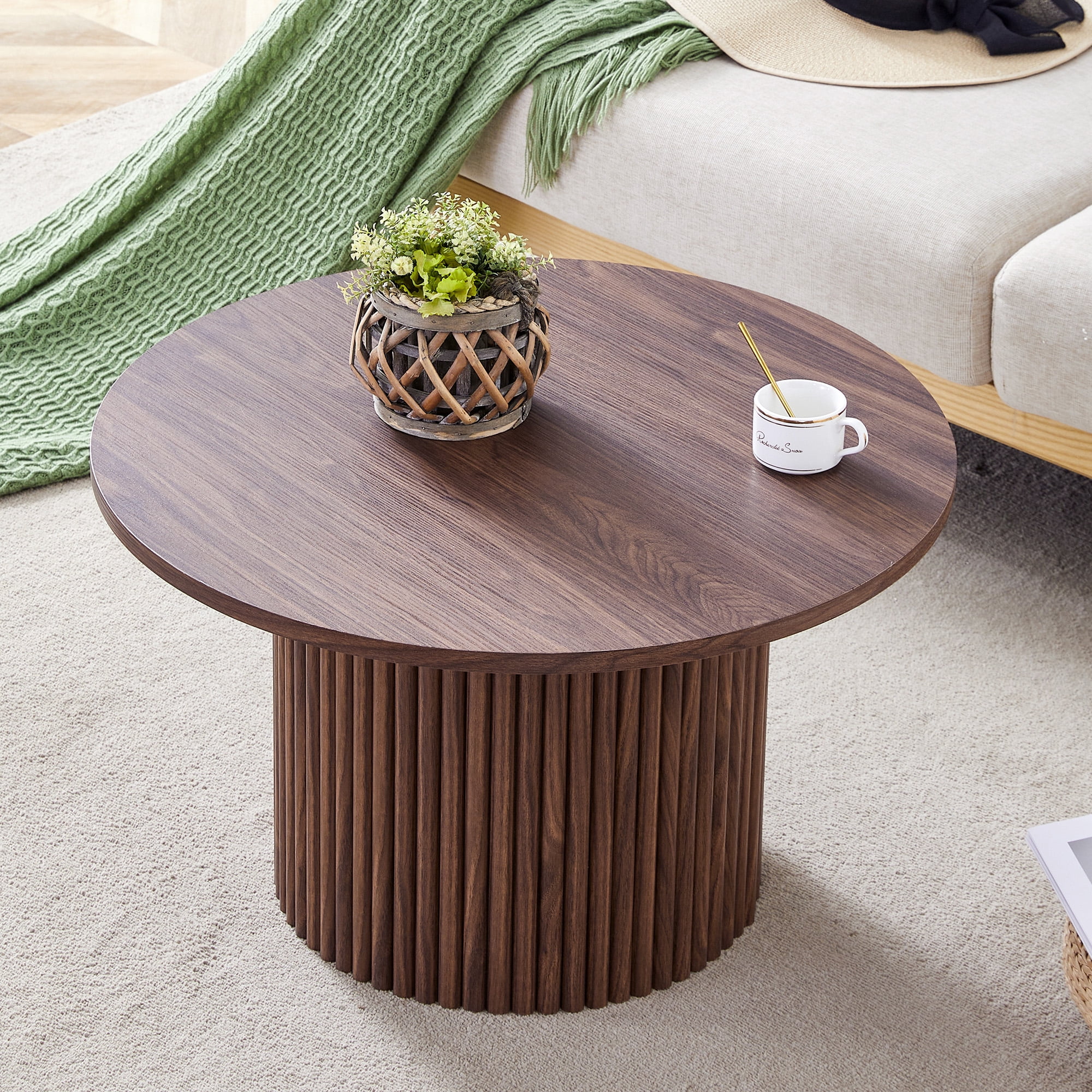 NYEESS Round Coffee Table with Storage, 27.5" Small Wood Coffee Tables ...