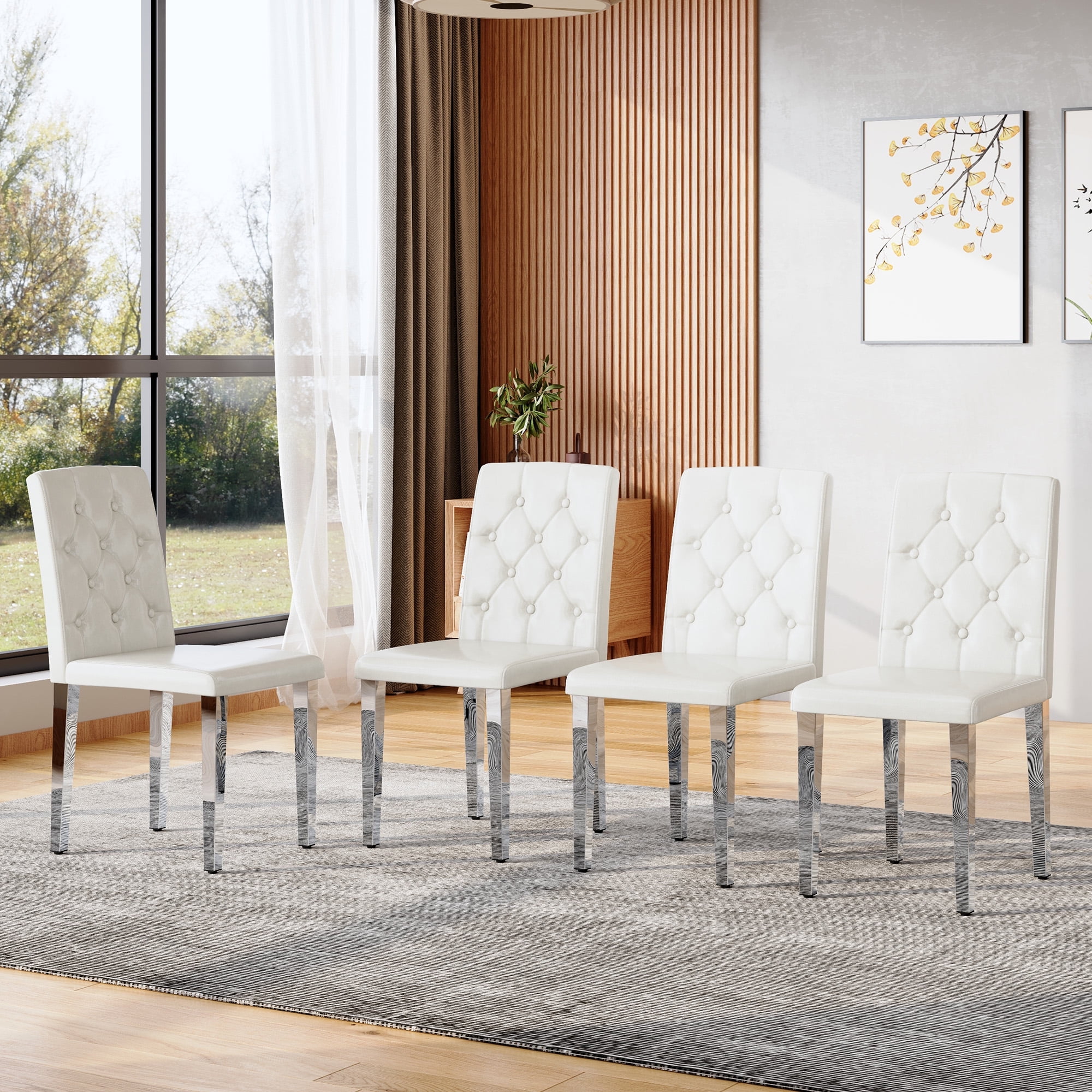 NYEESS Set of 4 White PU Dining Chairs with Ergonomic Buckle Backrest ...