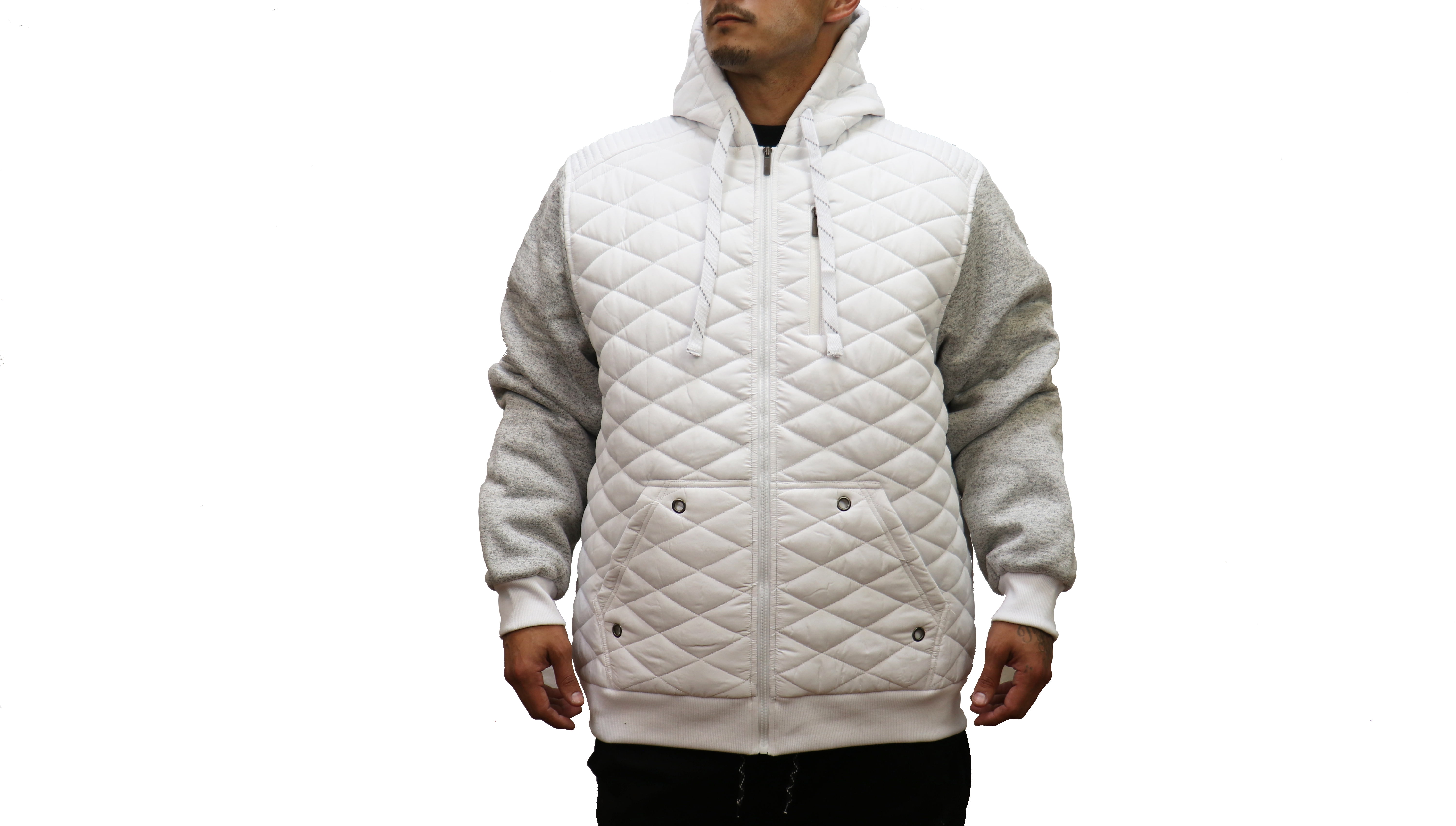 NYLON PUFFER QUILTED NYLON BODY AND HOOD WITH MOTO SHOULDER PIECING ...