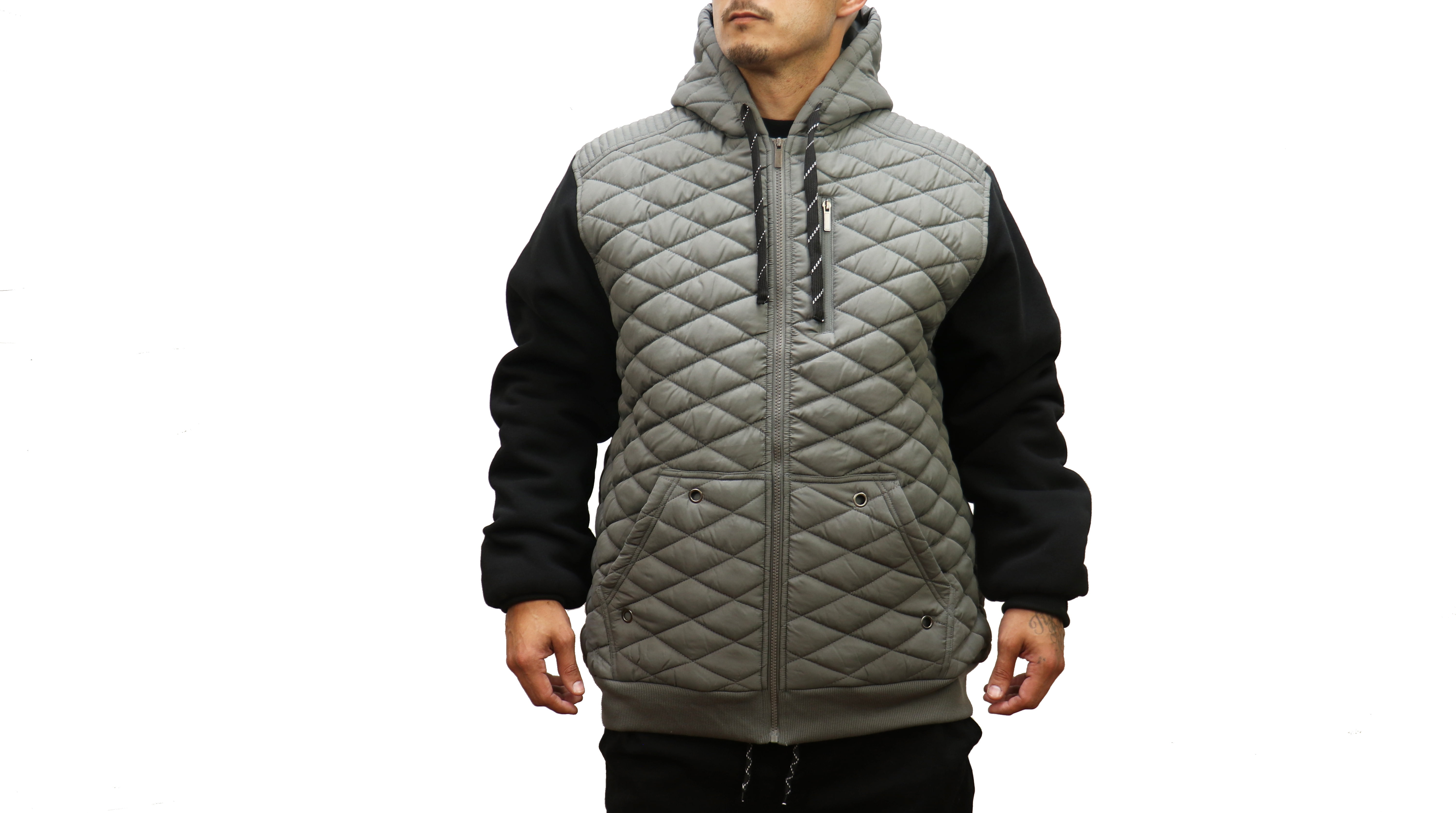 NYLON PUFFER QUILTED NYLON BODY AND HOOD WITH MOTO SHOULDER PIECING ...
