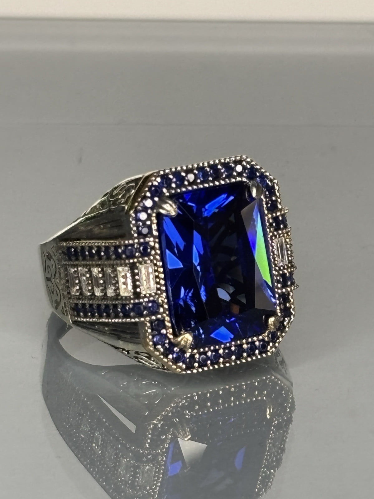 NYS Jewellers 1.45 Ct Emerald Cut Blue Sapphire Mens Enagagement Rings ...
