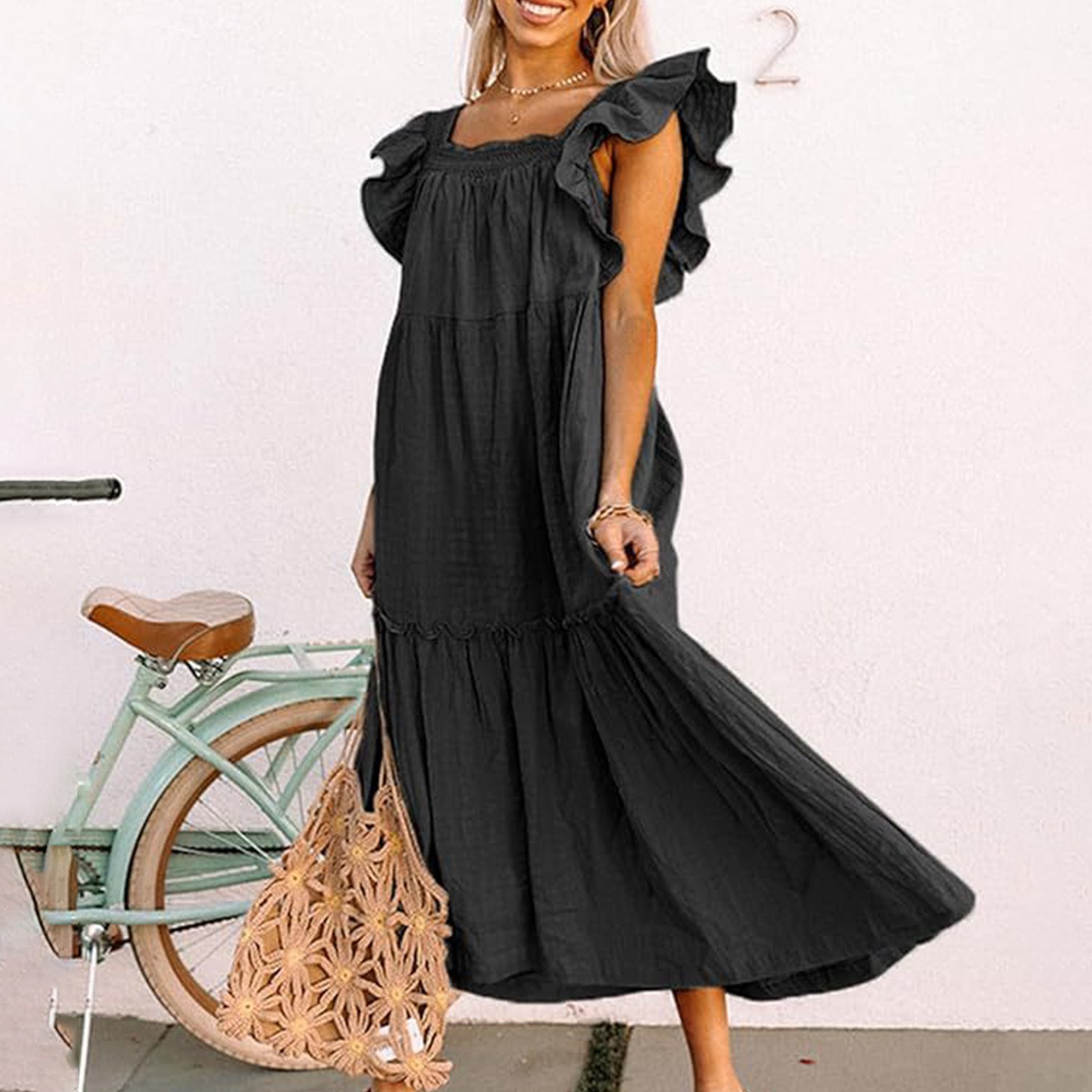 Anbech Women 2024 Ruffled Pleated Dress Flowy Long Sundress Sleeveless ...