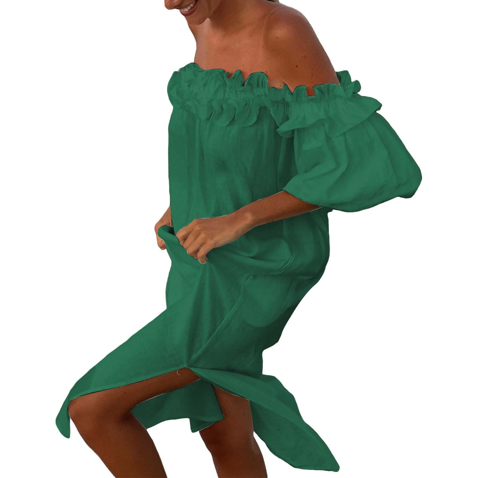 NYYF Women Off Shoulder Ruffle Puff Sleeve Midi Dress Boho Ruffled ...