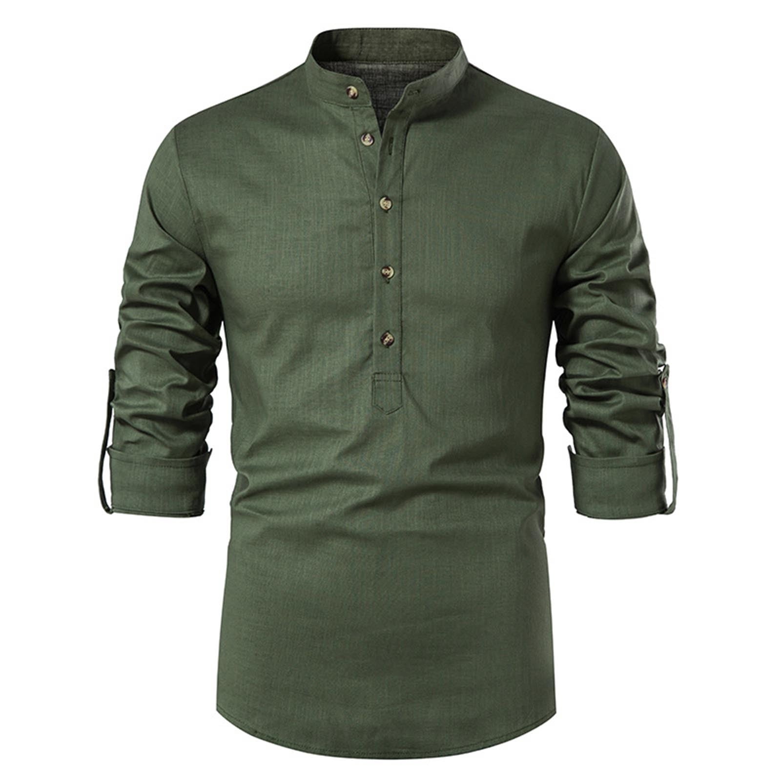 NaWent Men Henley Neck Long Sleeve Daily Look Linen Shirts Army Green 4 ...