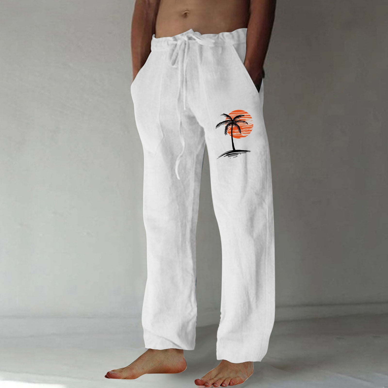 NaWent Mens Cotton Linen Pants,Wide Leg Drawstring Closure Pull On ...