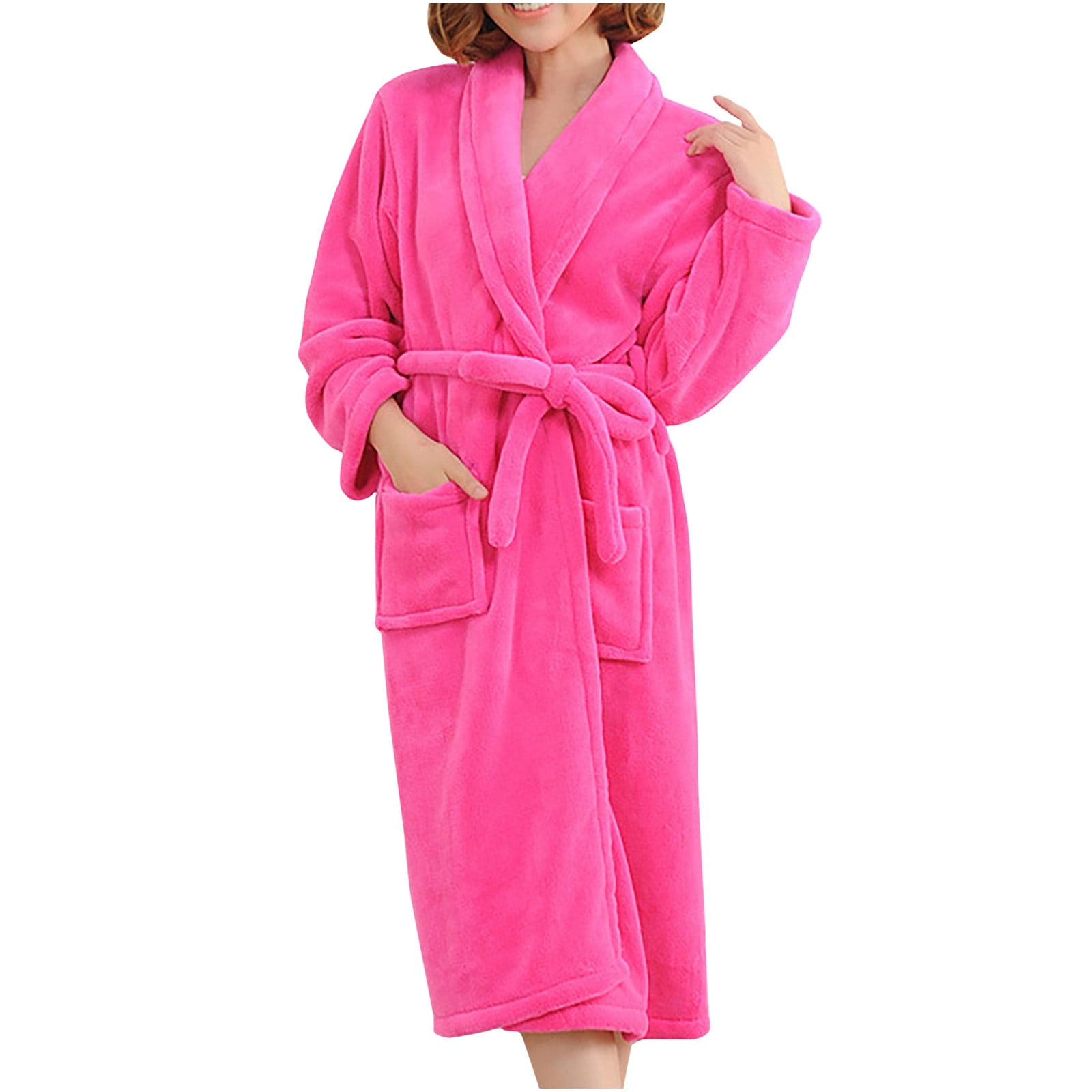 Wioihee Mens Womens Bathrobe Ladies Fleece Plush Warm Solid Color Long ...