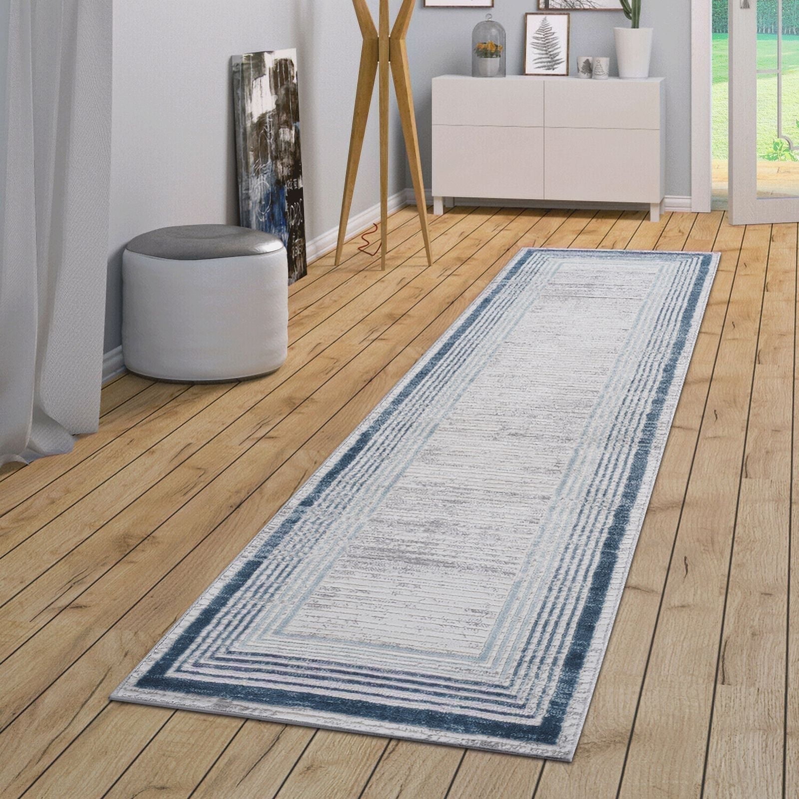 NAAR Naar Marfi 2X8 Area Rug, Blue Ivory Border, Woven Rug with Cotton ...