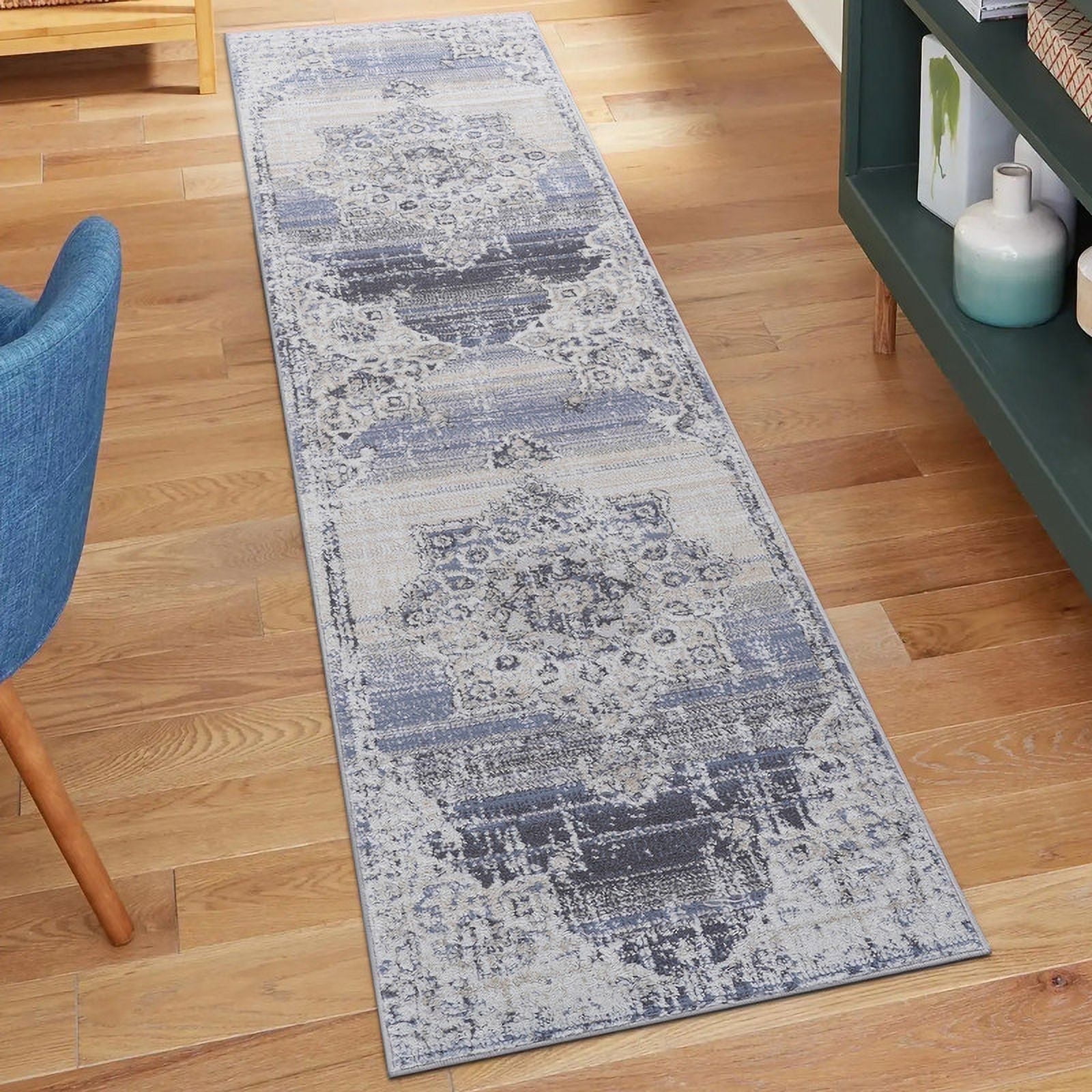 Naar Payas 2X8 Area Rug, Cream/Blue Medallion Power Loom Crafted Area ...