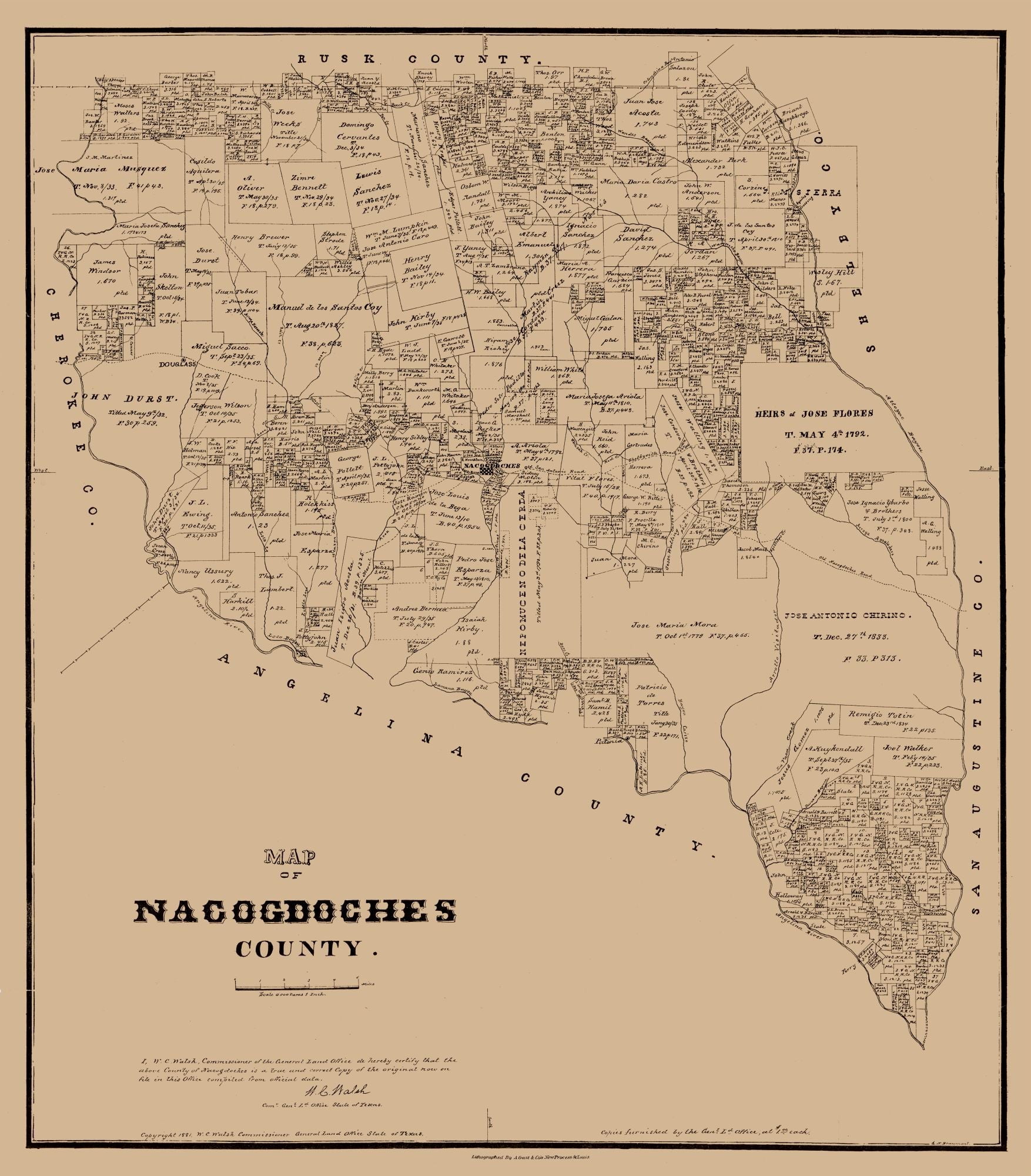 Historic County Map - Nacogdoches County Texas - Walsh 1881 - 23 x 26. ...