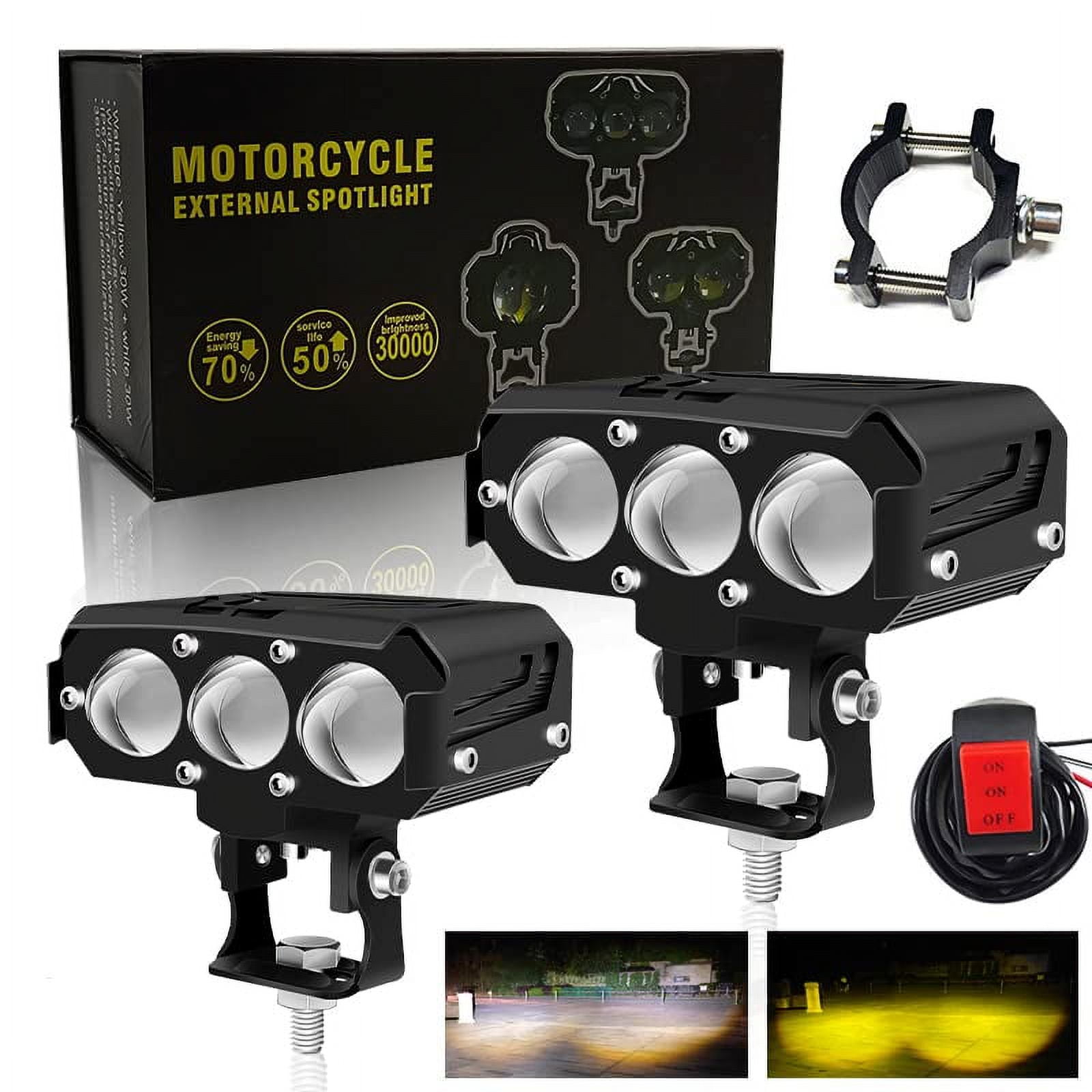 Nacowo 1 Pair Motorcycle LED Spotlight Double Color Auxiliary Lights ...