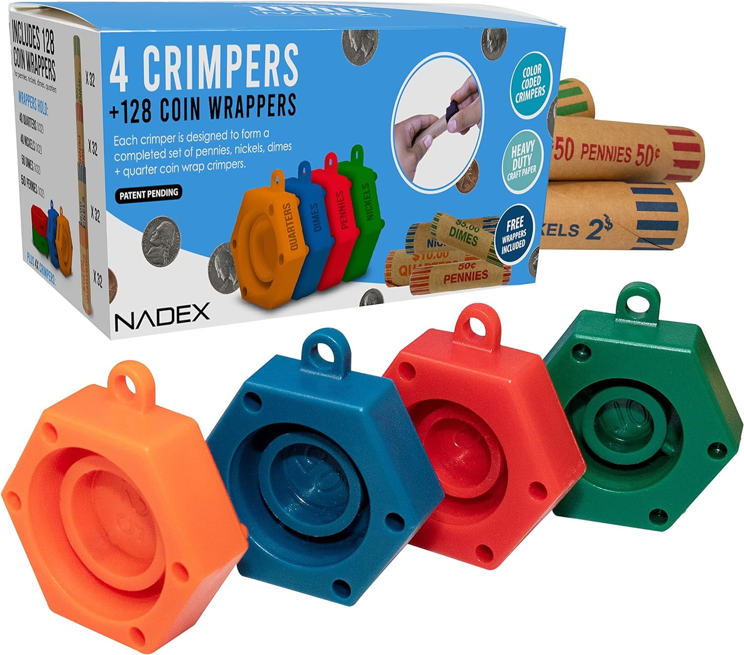 Nadex 128 Assorted Preformed Crimped End Coin Roll Wrappers with Color ...