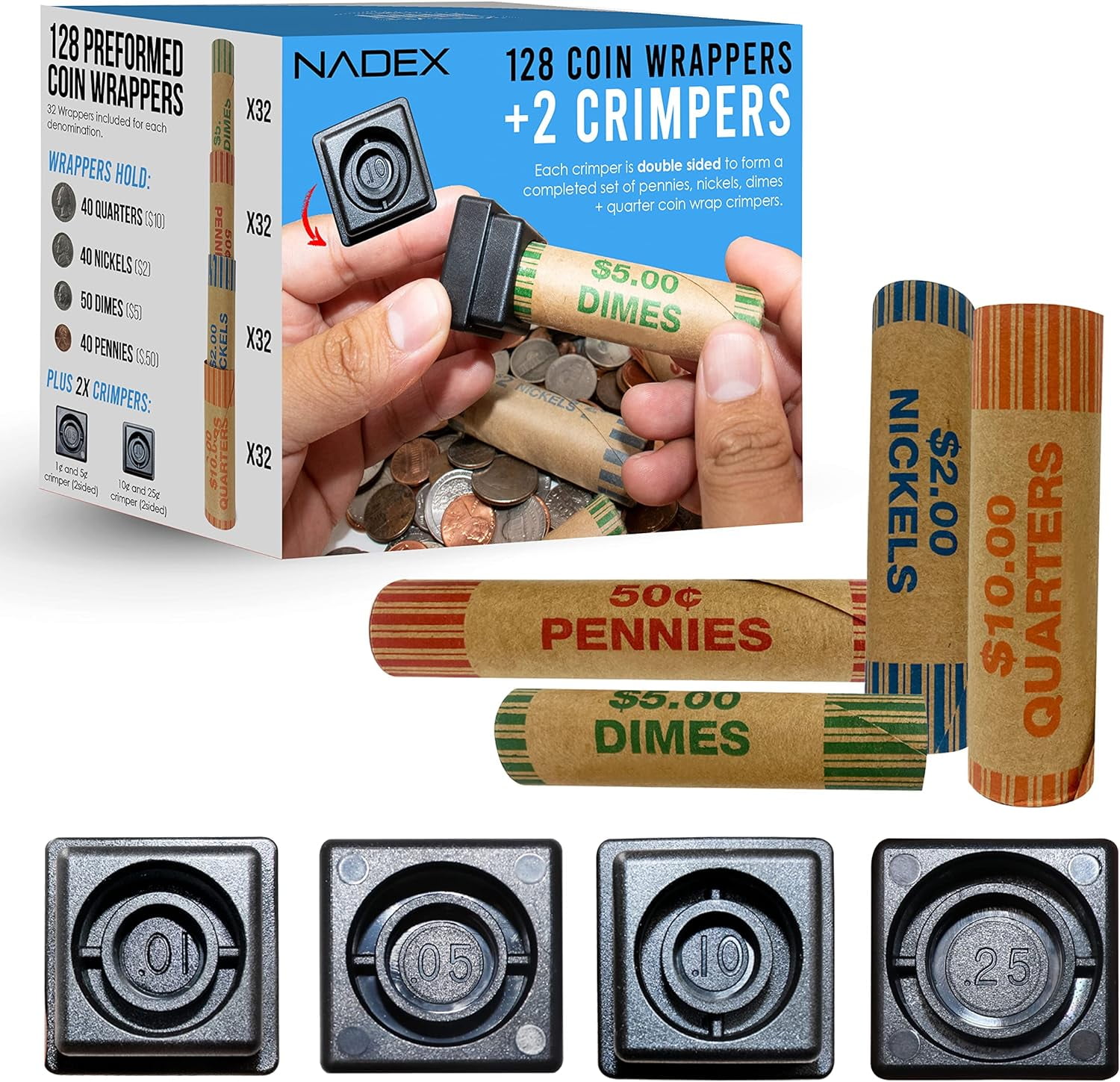 Nadex 128 Assorted Preformed Crimped End Coin Roll Wrappers with Coin ...