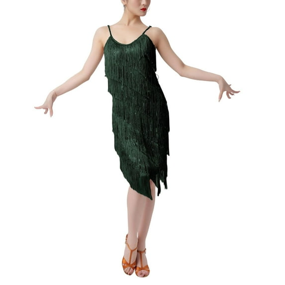 Nafuu Females Dress Mesh Fabric Elegant Spaghetti Strap Sequin Fringe ...