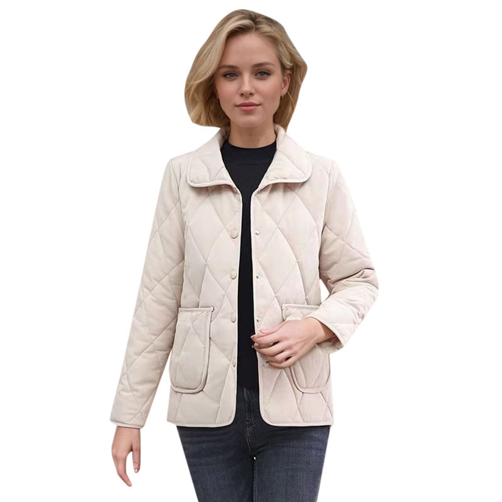 Nafuu Ladies Winter Coat Diamond Grid Lightweightquilted Lapel Collar ...