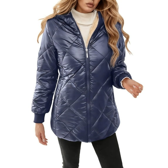 Nafuu Ladies Winter Coat Diamond Grid Solid Color Long Sleeve Hooded ...
