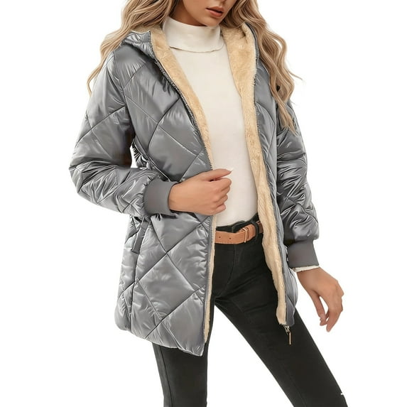 Nafuu Ladies Winter Coat Diamond Grid Solid Color Long Sleeve Hooded ...