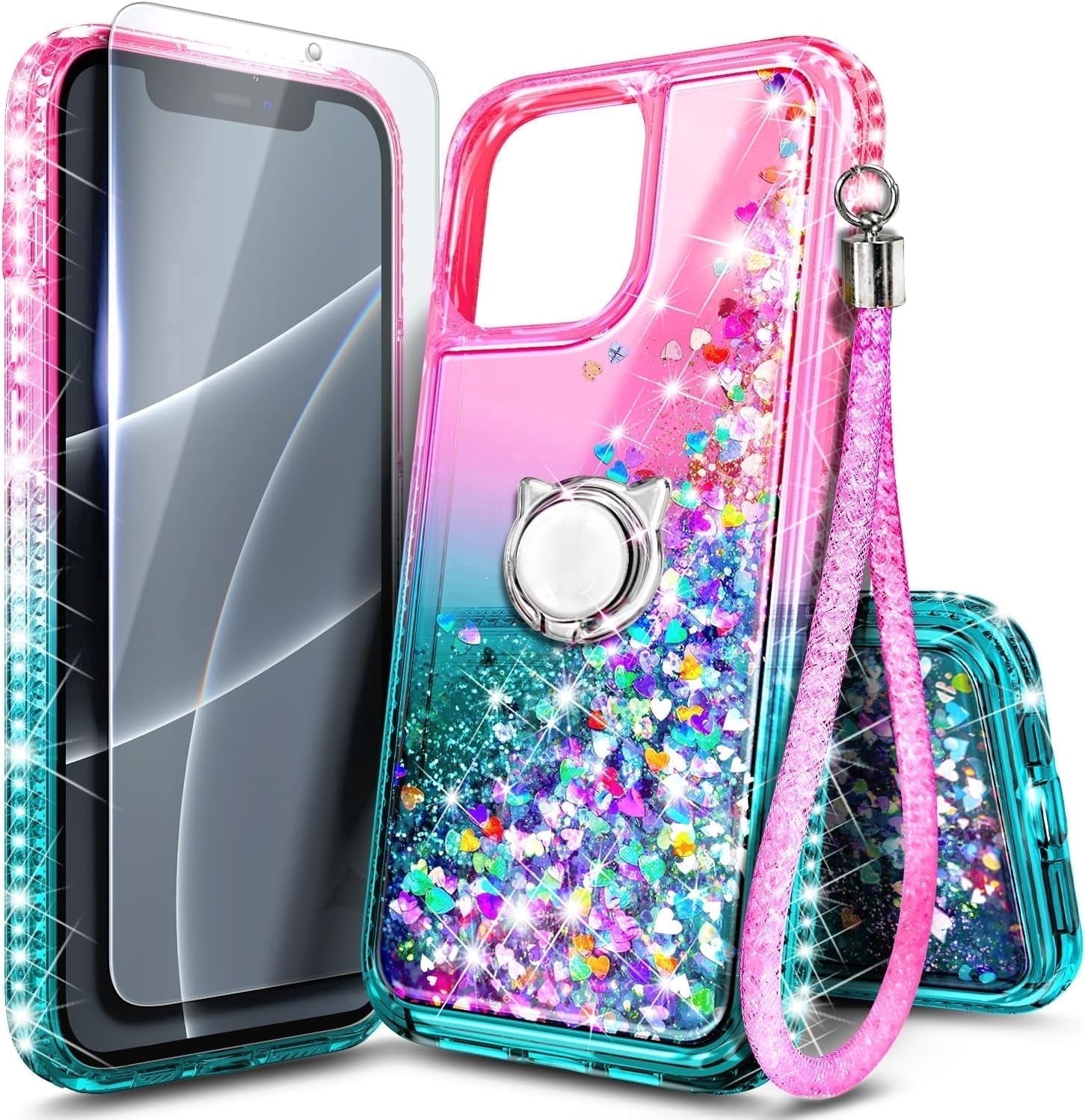Nagebee Case for iPhone 13, Pink Aqua Glitter Liquid Bling, Tempered ...