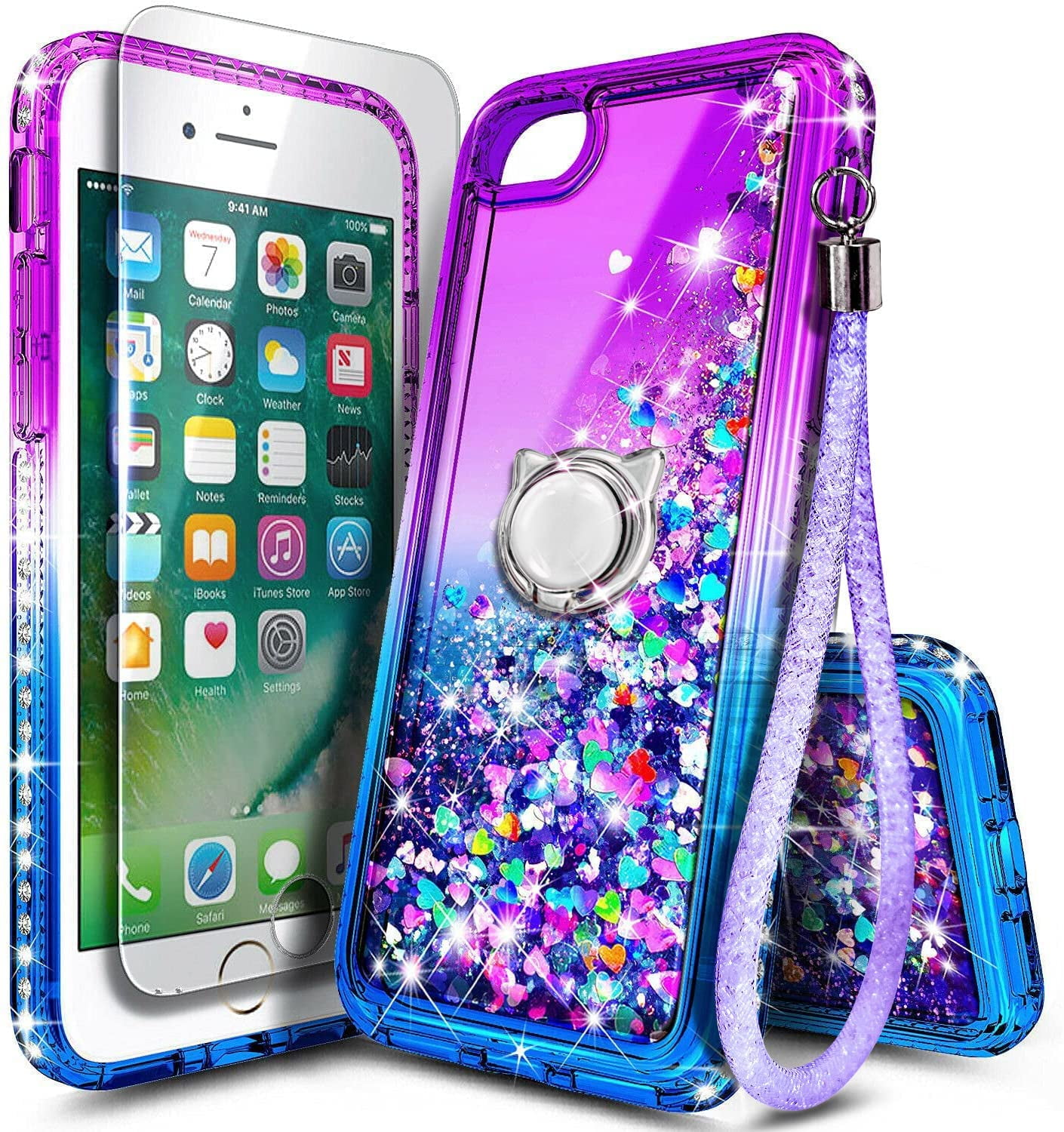 Nagebee Glitter Liquid Case for iPhone SE 3/2, 8, 7, 6S, 6 with Ring ...