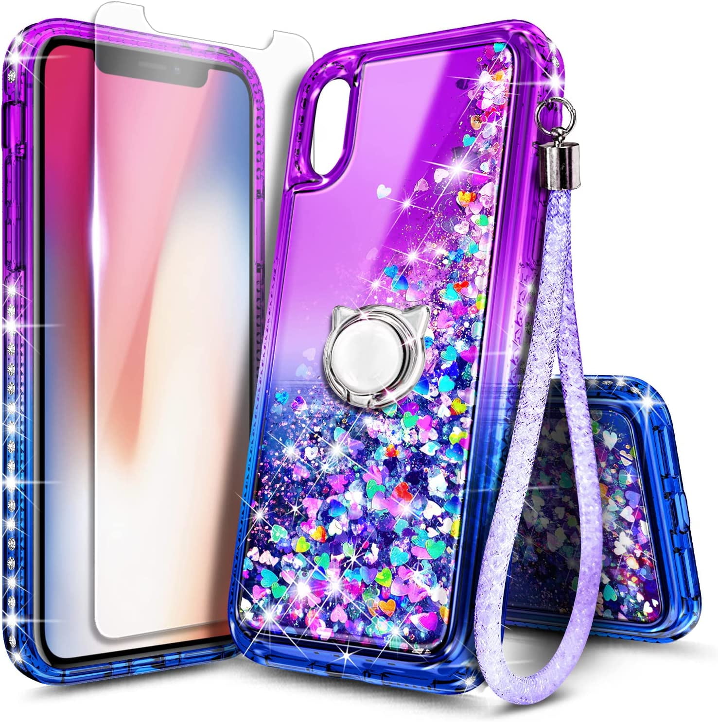 Nagebee Case for iPhone Xs, iPhone X with Tempered Glass Screen Protector, Glitter Liquid ...
