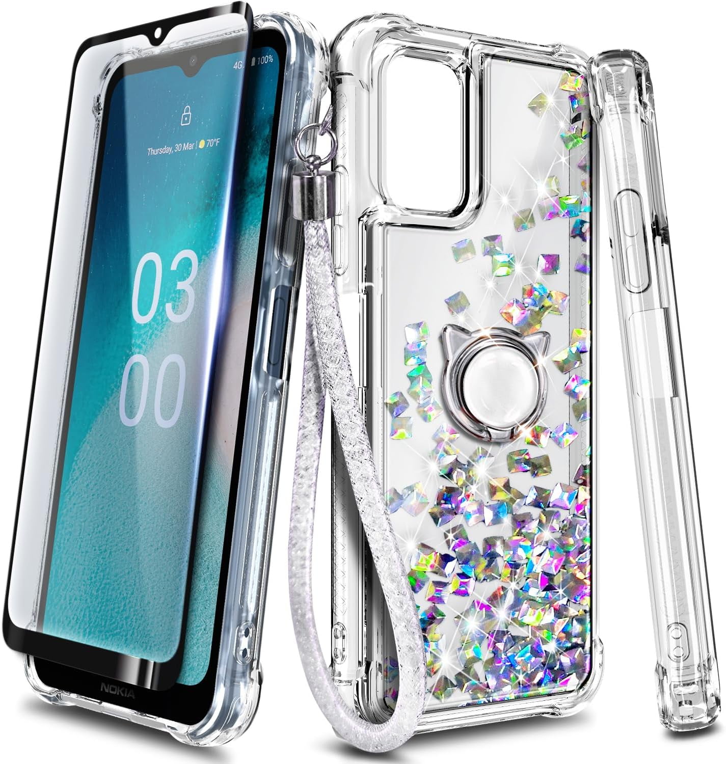 Nagebee Liquid Glitter Phone Case for Nokia G100 & C300, Tempered Glass ...