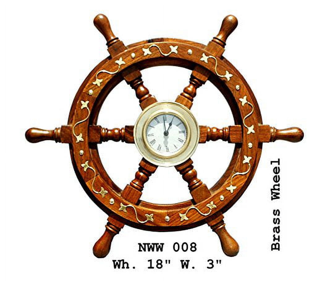 Nagina International 18" Nautical Ship Wheel with 3" Clock Brass Inlay ...