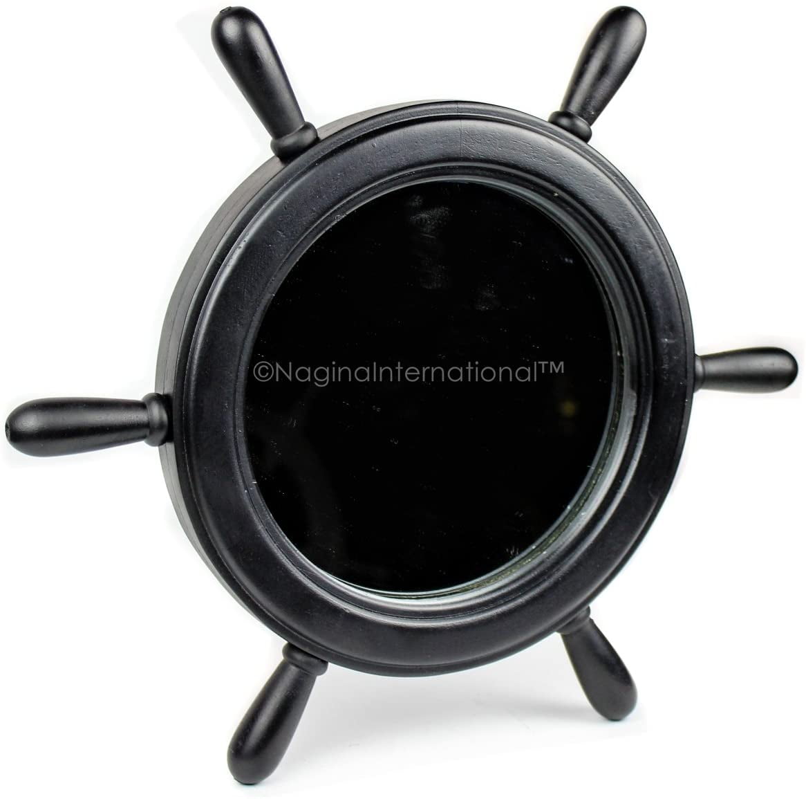 Nagina International 24" Large Matte Black Vintage Ship's Wheel Mirror ...