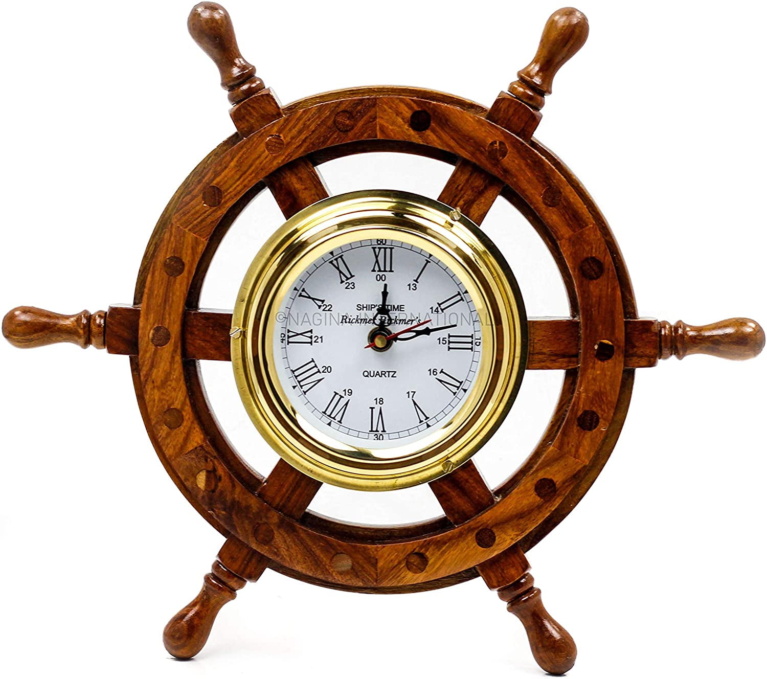 Nagina International 24" Wood and Brass Ship Wheel Clock | Captain's ...