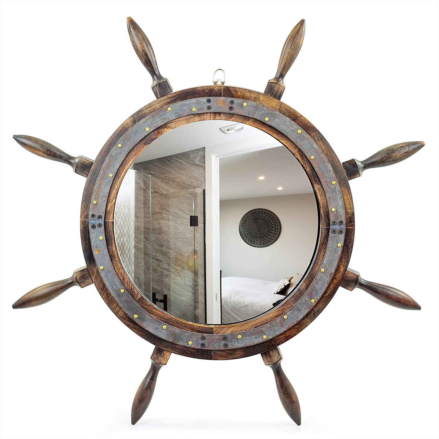Nagina International 28" Antique Mirror Ship Wheel with Iron Bent Strip ...