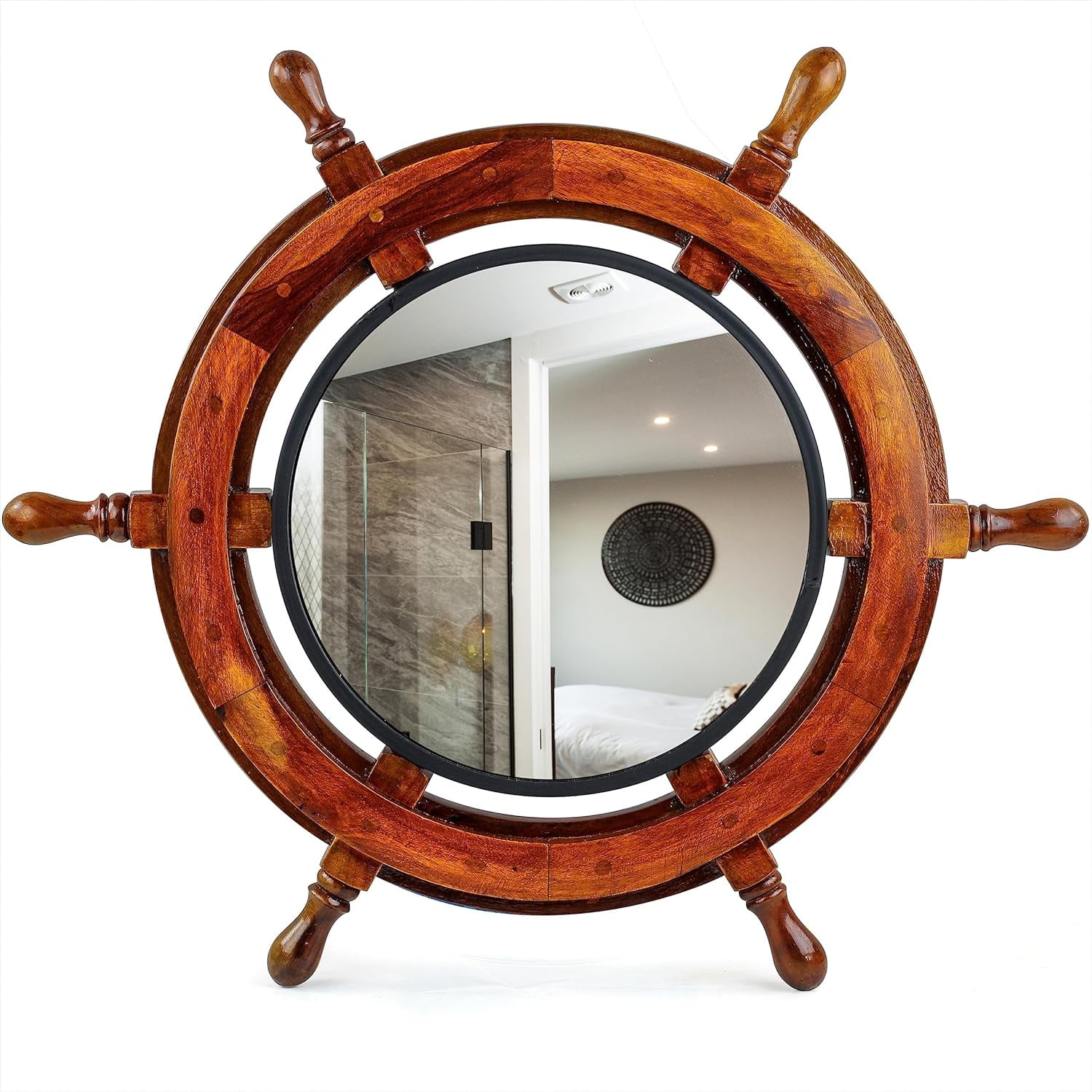 Nagina International Natural Wood Ship Wheel with Plane Mirror ...