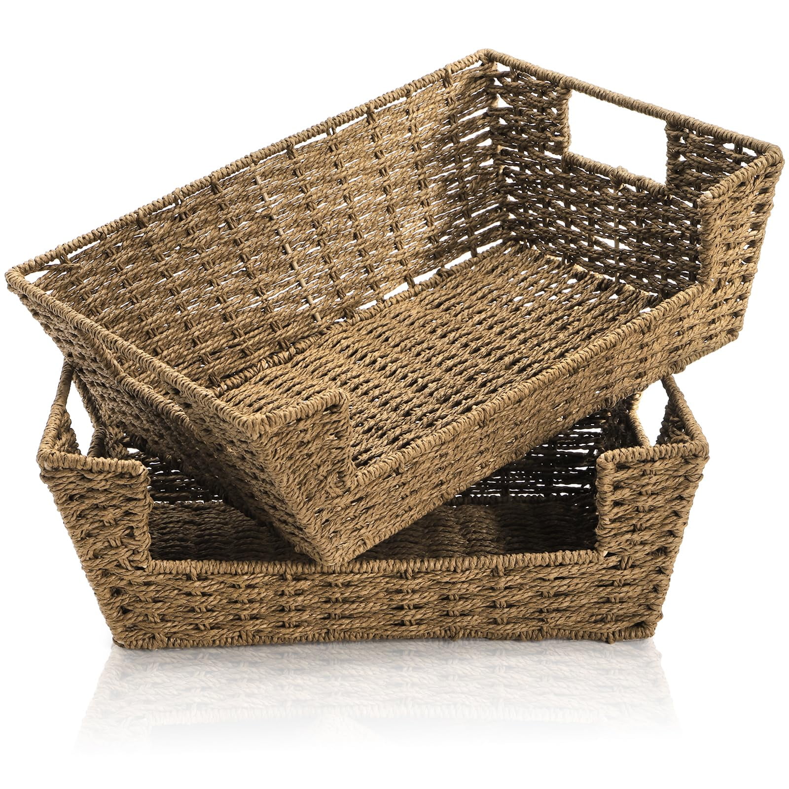 Nagpew 2 Pack Wicker Storage Basket, Brown Handwoven Basket with Built ...