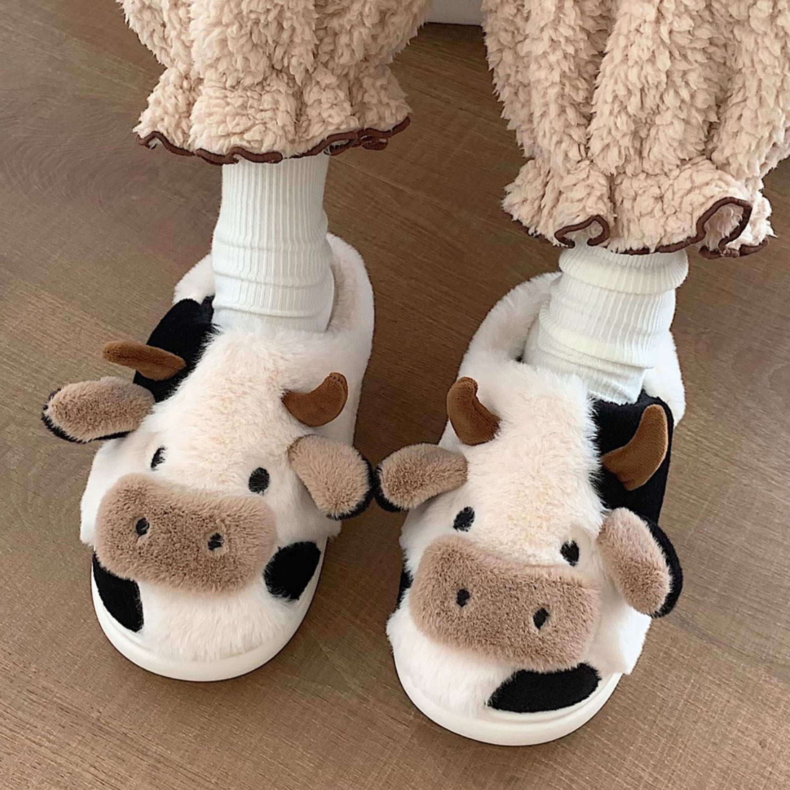 Naierhg 1 Pair Women Household Slippers Cartoon Milk Cow Soft Soles ...