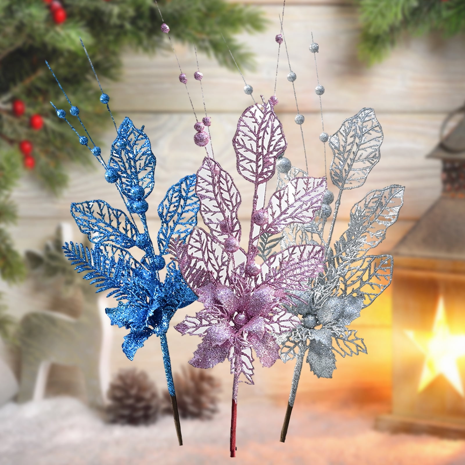 Naierhg Fake Leaves Shiny Powder Glittery Hollow Artificial Flower ...