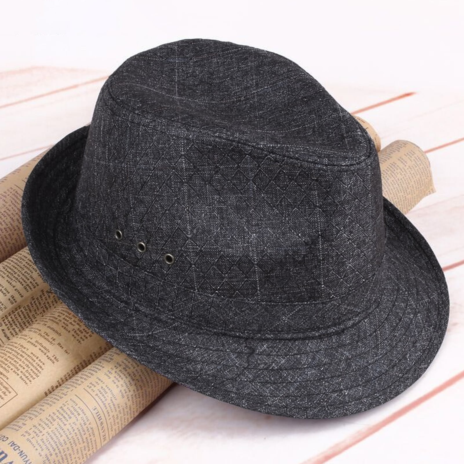 Naierhg Hemming Wide Brim Breathable Holes Folding Jazz Hat Mid-aged ...