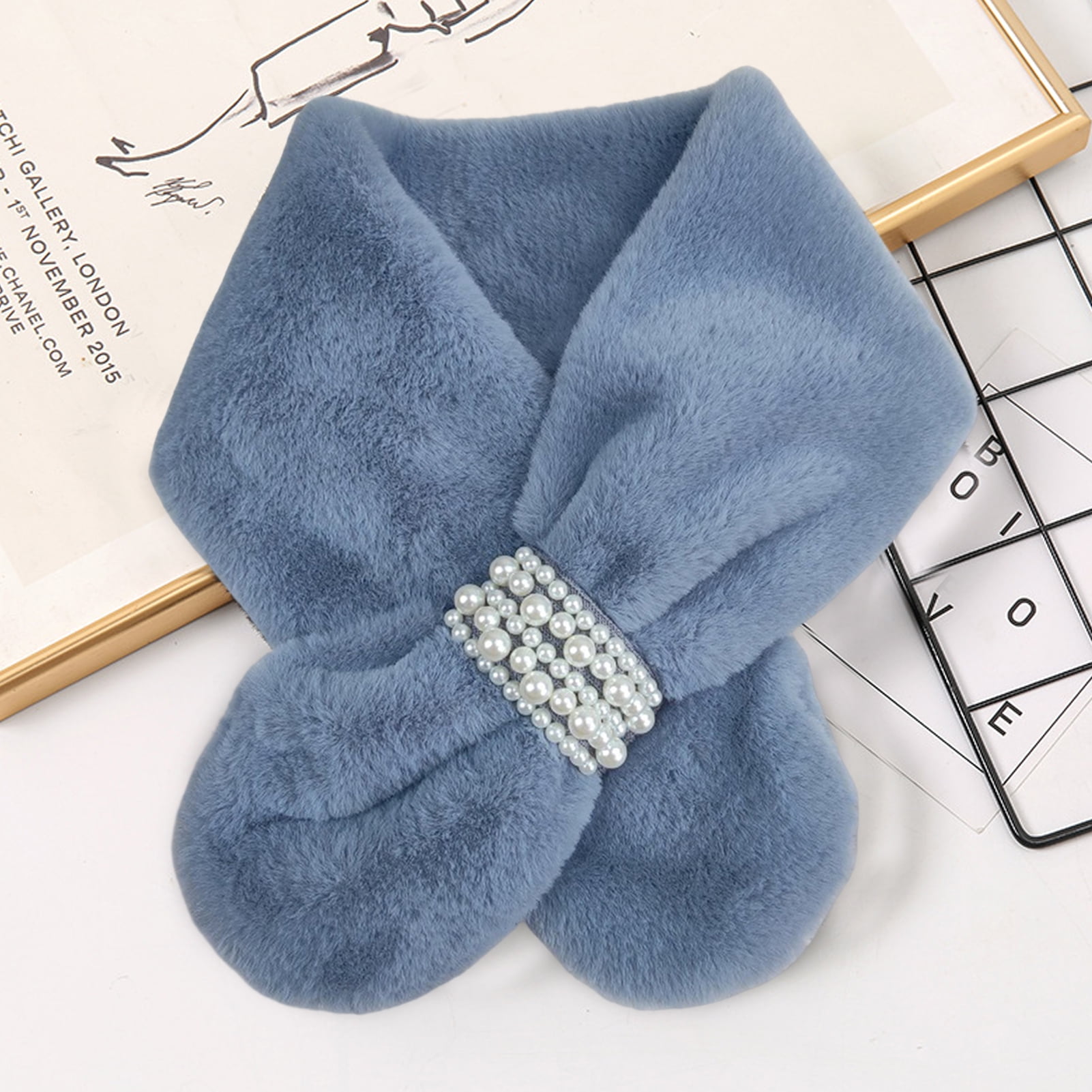 Naierhg Winter Scarf Cross Scarf Fake Pearl Buckle Faux Rabbit Fur ...