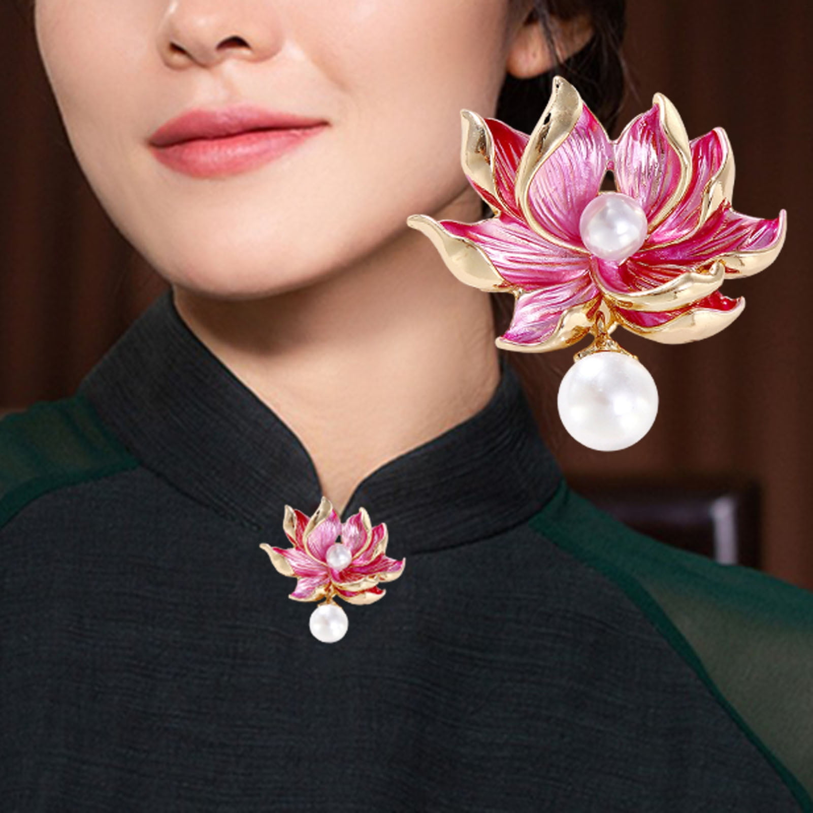 Naierhg Women Brooch Lotus Flower Shape Faux Pearl Decor Contrast Color ...