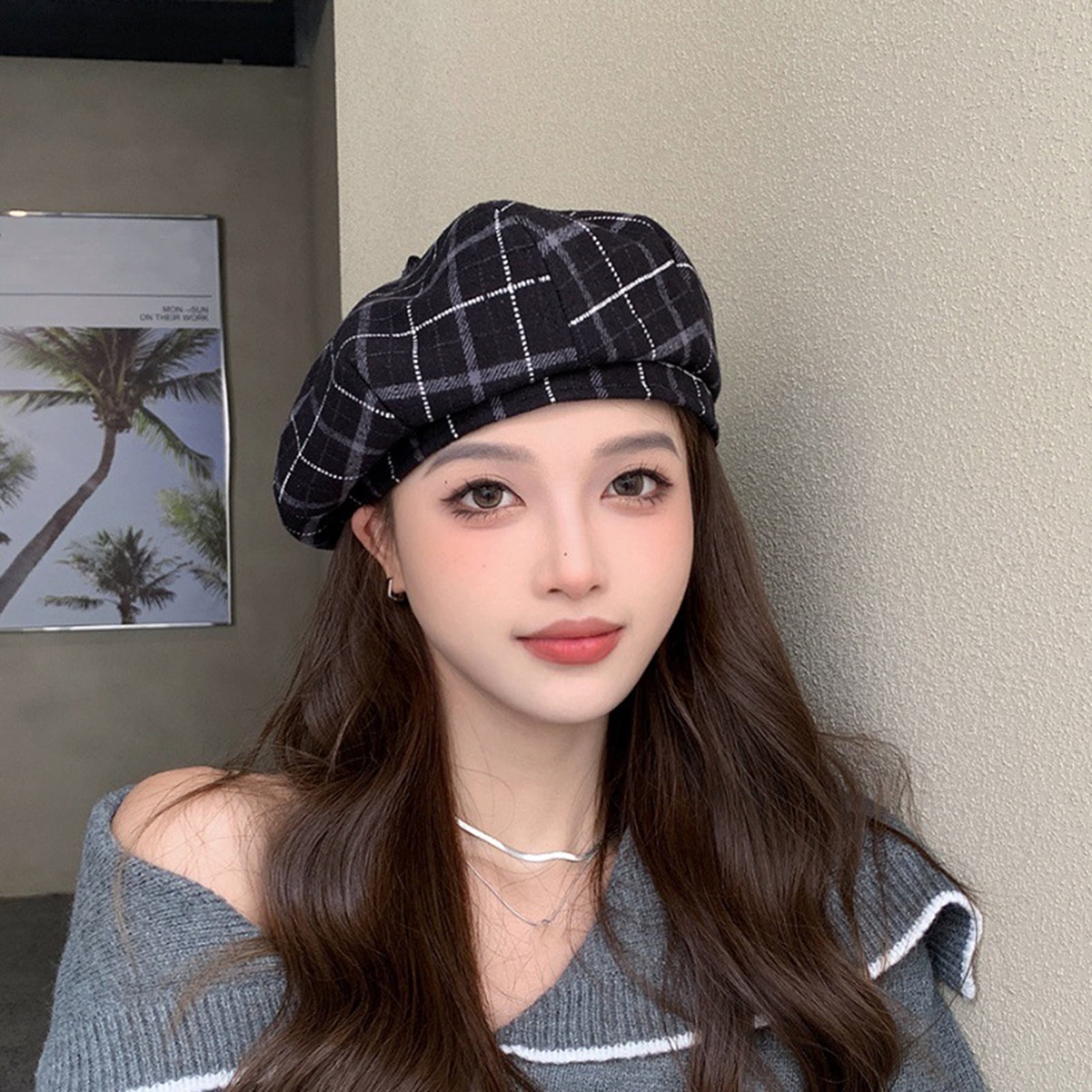 Naierhg Women Winter Beret Plaid Print Contrast Color Elastic ...