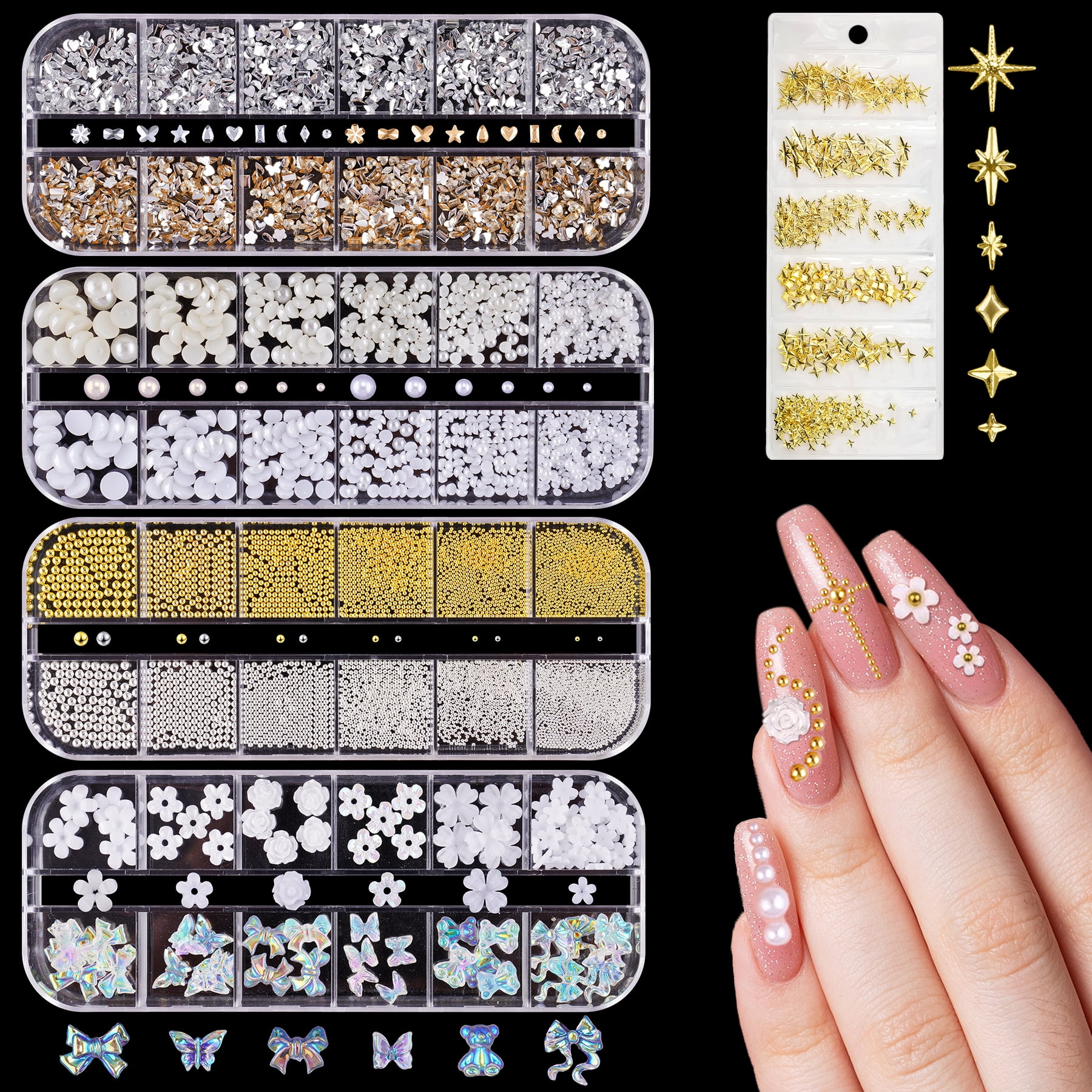 Nail Art Charms Set Resin Ornaments Pearls Rhinestones Steel Beads Glow ...