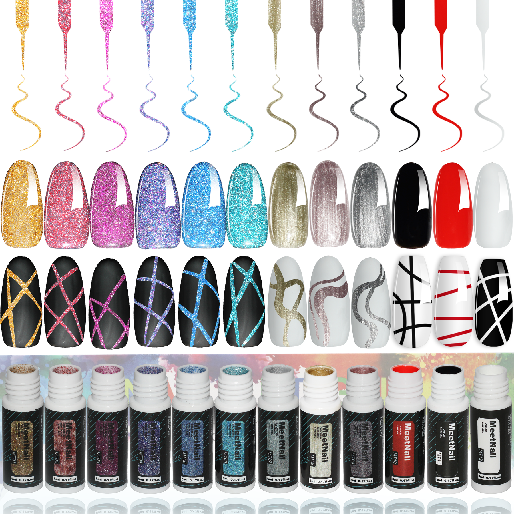 12 Colors Reflective Glitter Gel Nail Polish, Gold Silver Pink Kit Soak ...