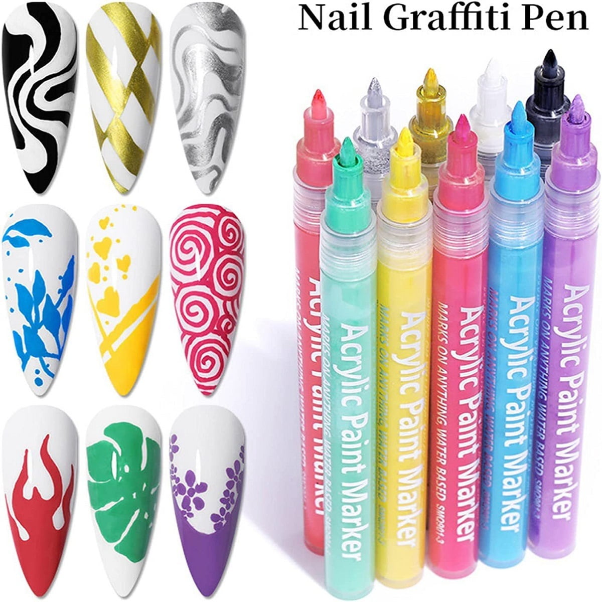 Nail Art Graffiti Pen Set, 10 Colors Acrylic Paint Pens Fine Tip Nail ...