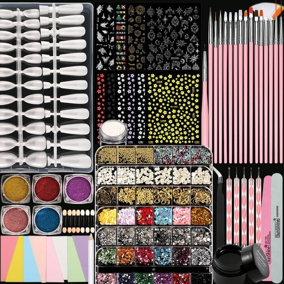 Nail Art Kit Design Tools Brushes Set with Stickers Gems Almond Tips ...