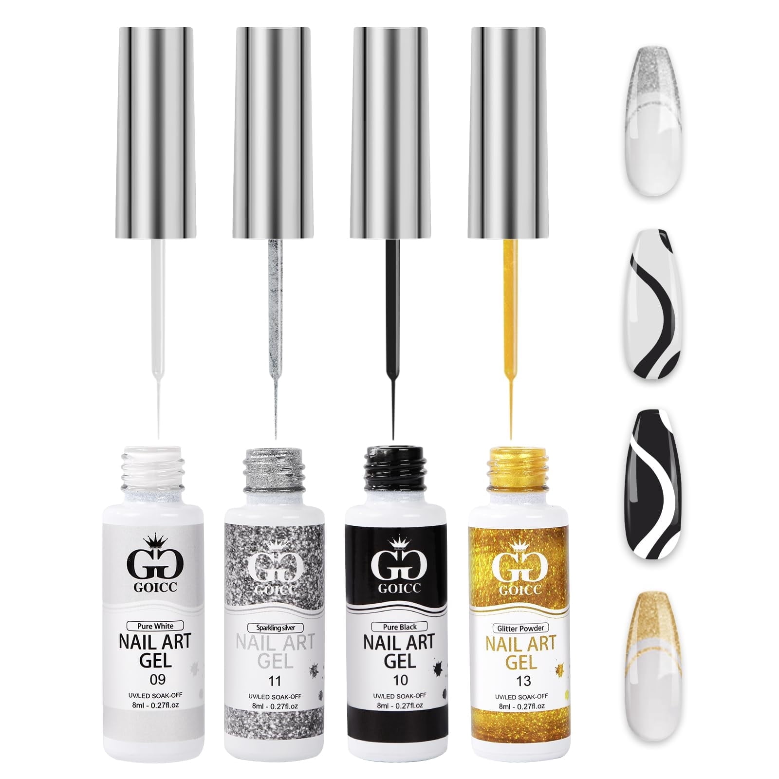 Nail Art Polish Set Gel Liner Kit, 4 Colors with Thin Brush, 8ml ...