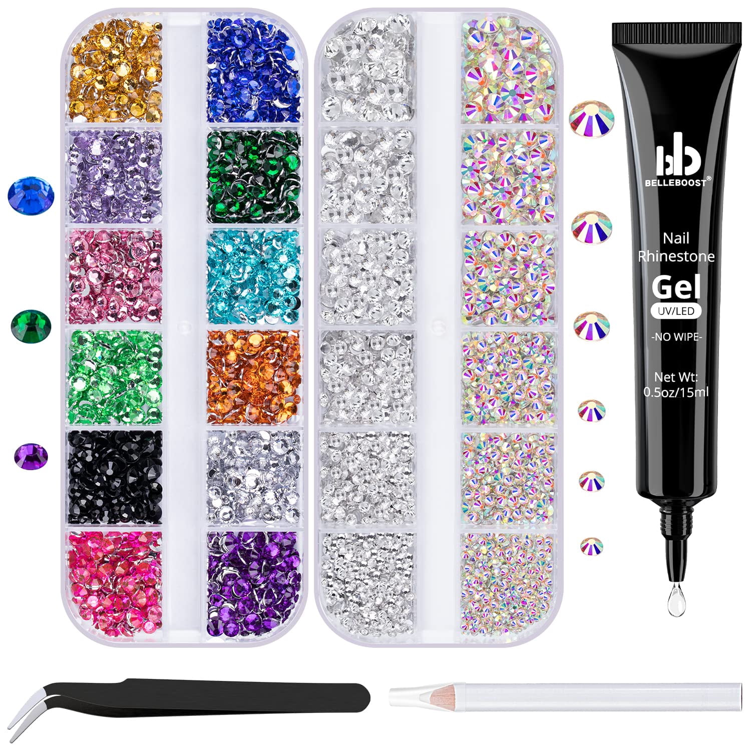 Nail Art Rhinestone Kit, 15ml Rhinestone Gel Glue+Colorful Gems ...